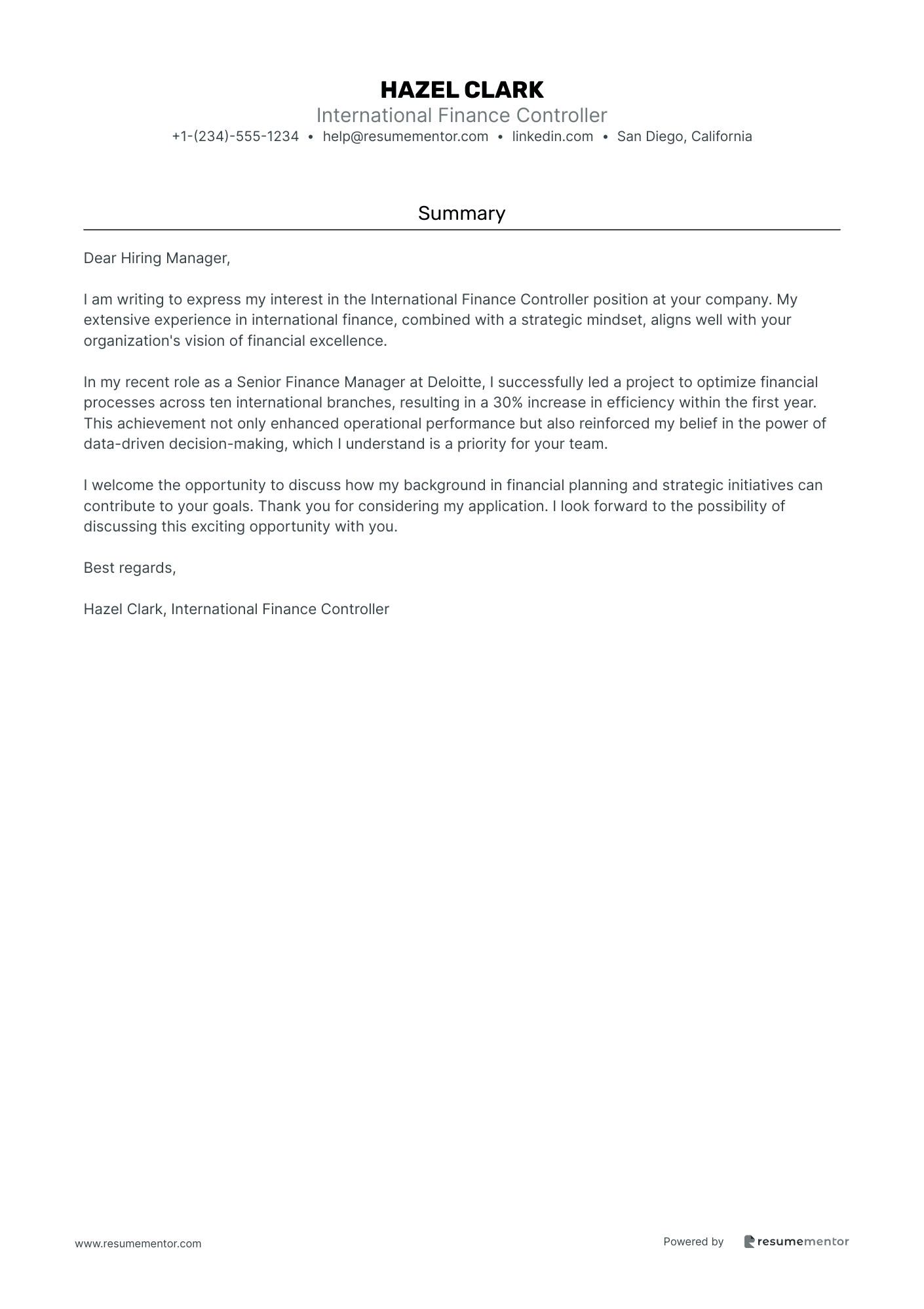 Finance Controller Cover Letter Examples by ResumeMentor.com ...