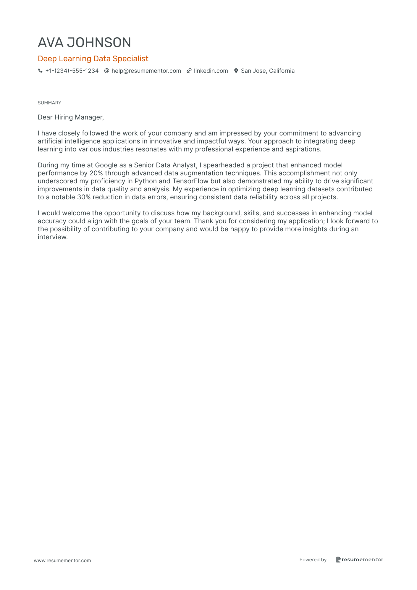 Machine Learning Data Scientiest Cover Letter Examples by ResumeMentor ...