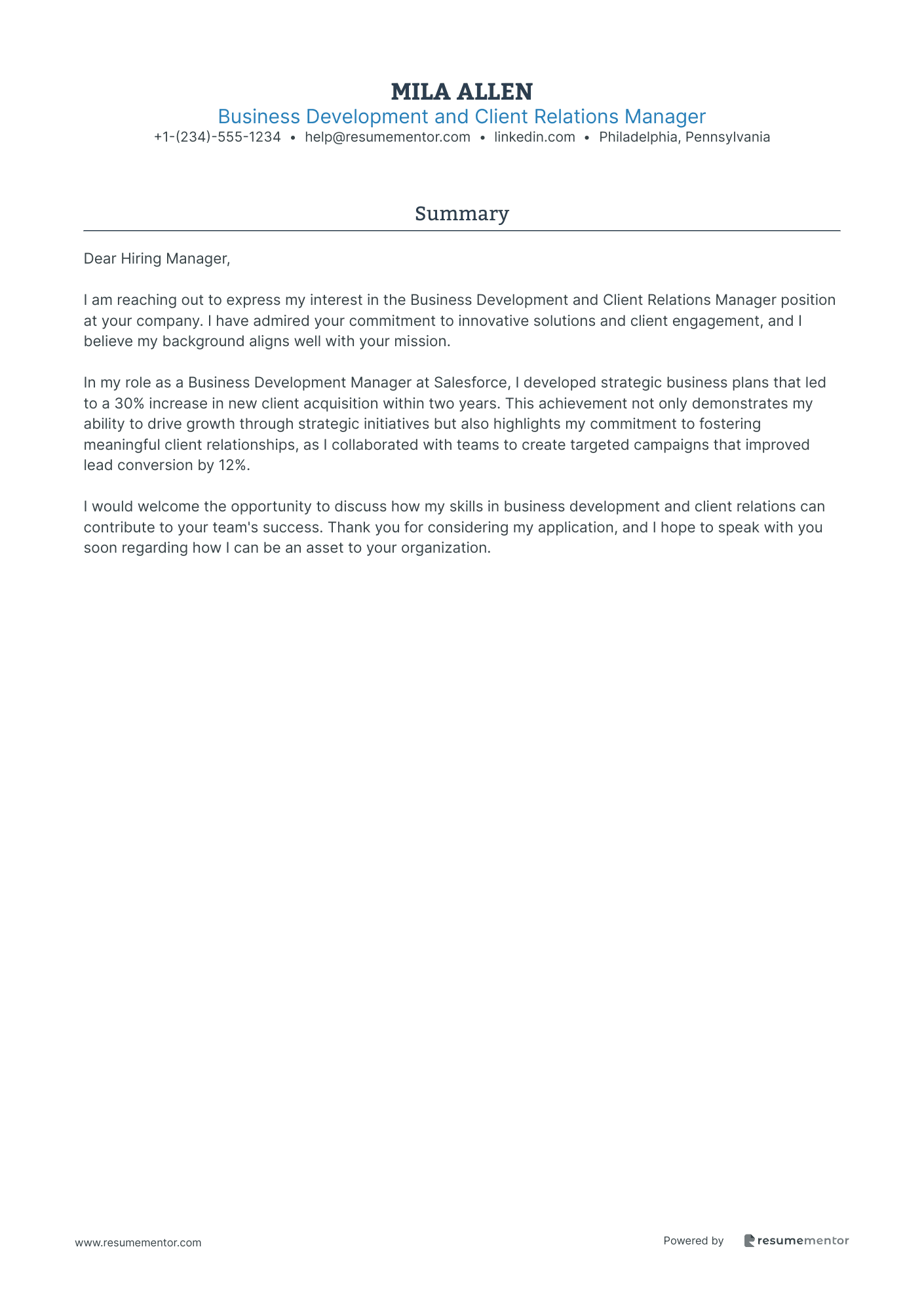 Client Relations Manager Cover Letter Examples by ResumeMentor.com ...