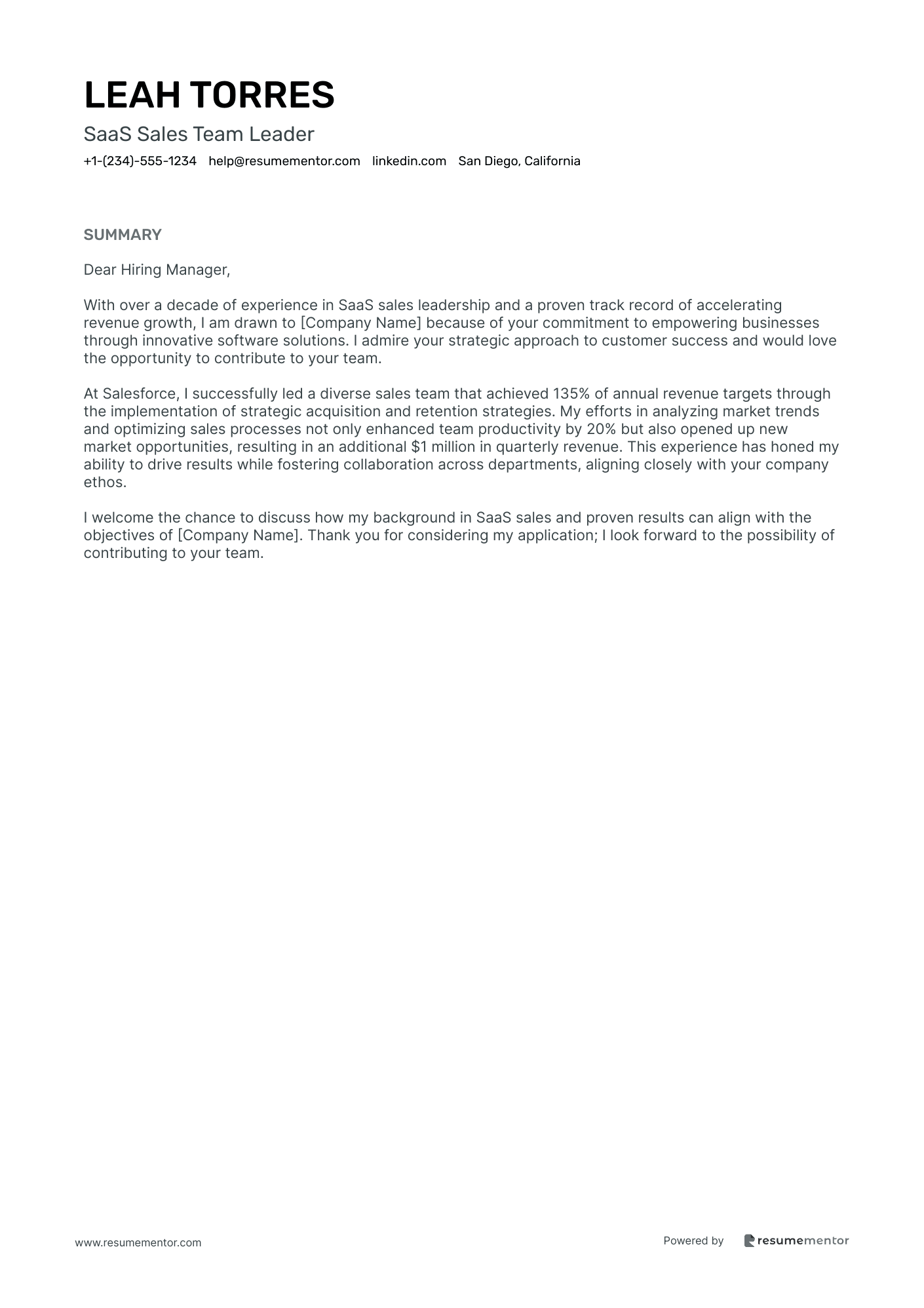 SaaS Sales Cover Letter Examples by ResumeMentor.com - Professional ...