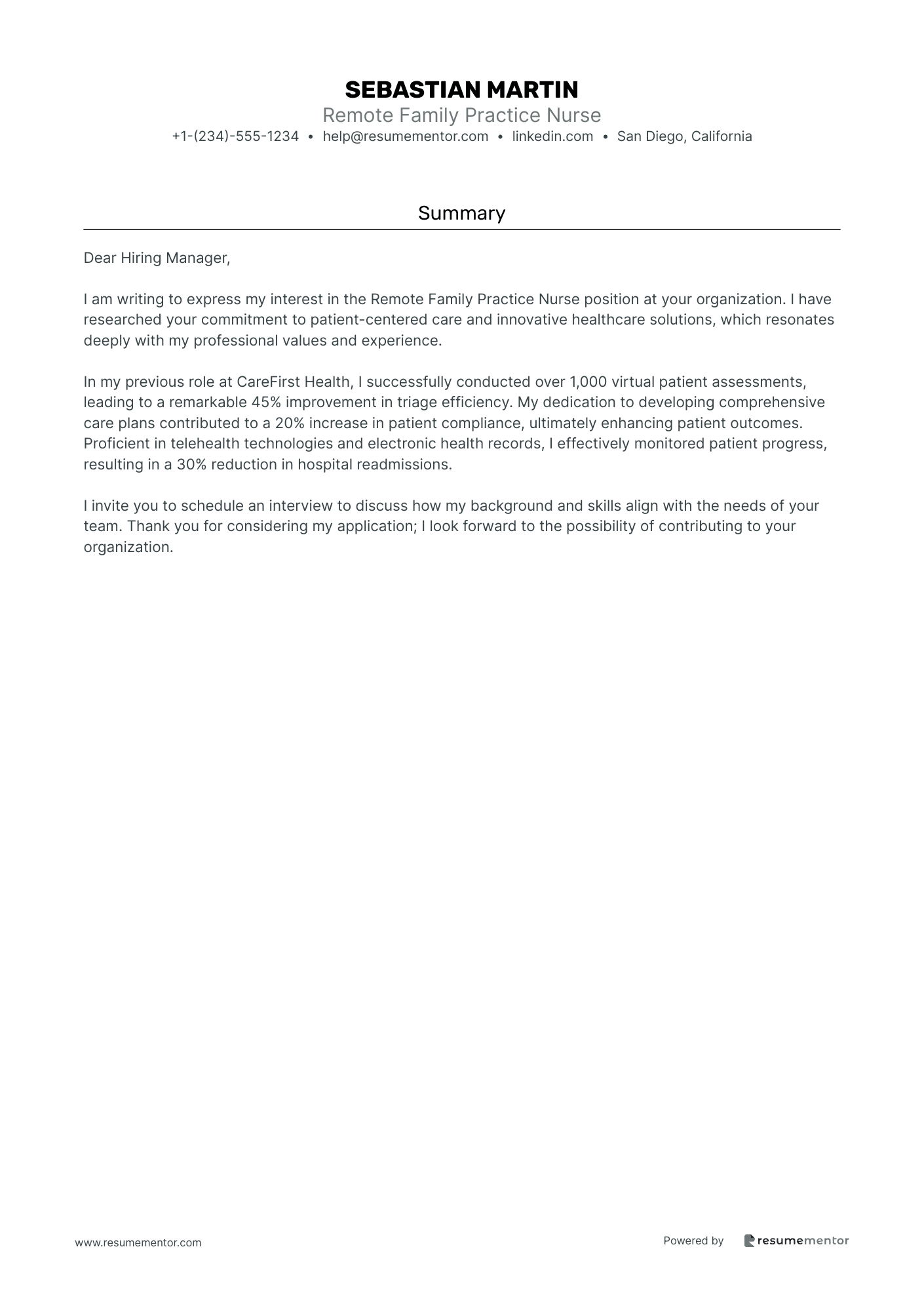 Remote Nurse Cover Letter Examples by ResumeMentor.com - Professional ...