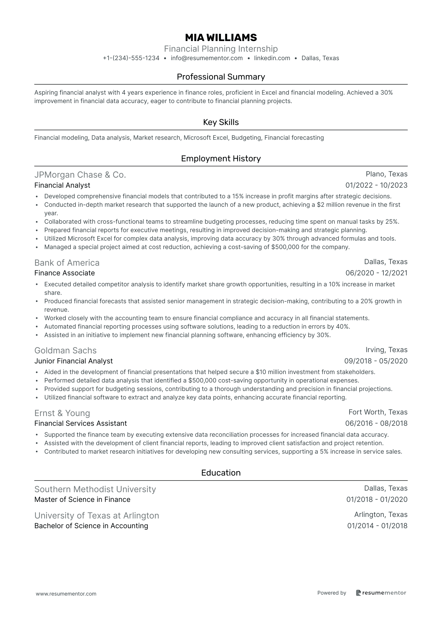 Finance Internship Resume Example - Free to Edit ATS-Friendly PDF - 2025