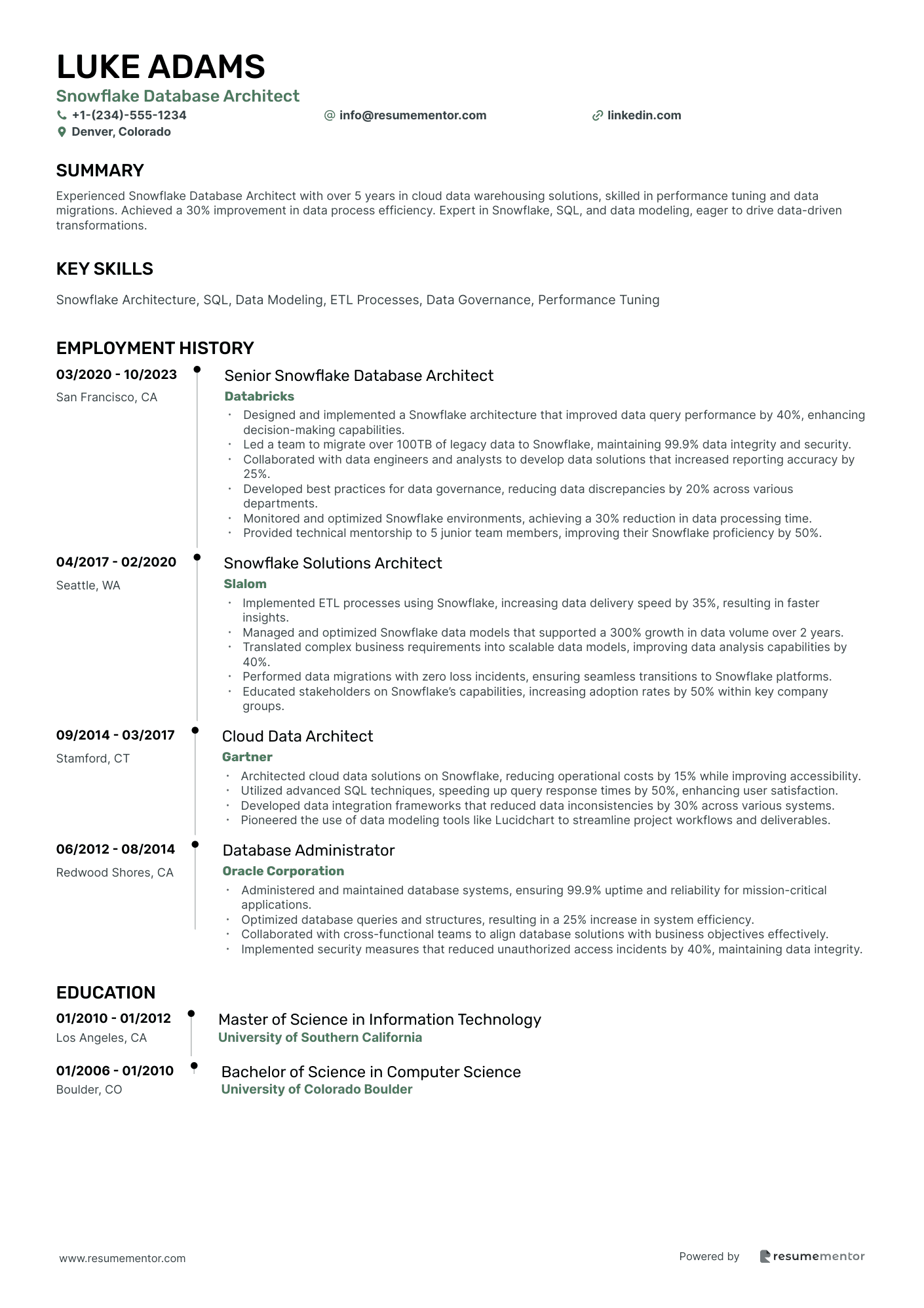 Snowflake Developer Resume Example - Free to Edit ATS-Friendly PDF - 2025