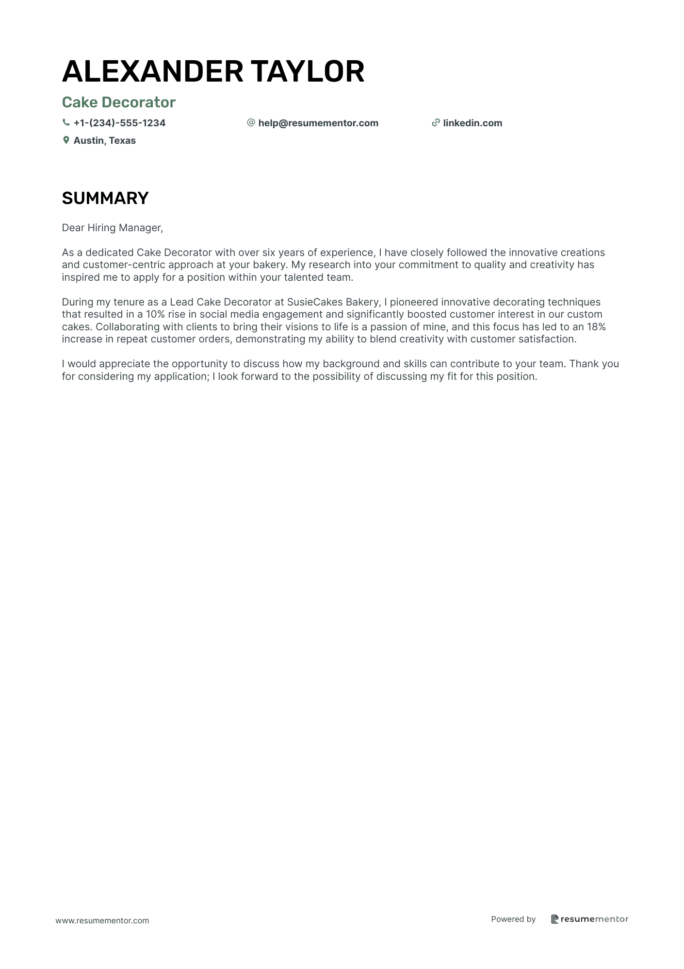 Pastry Chef Cover Letter Examples by ResumeMentor.com - Professional ...