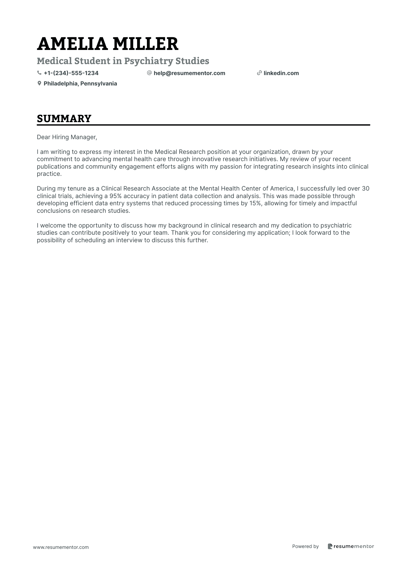 Medical Student Cover Letter Examples by ResumeMentor.com ...