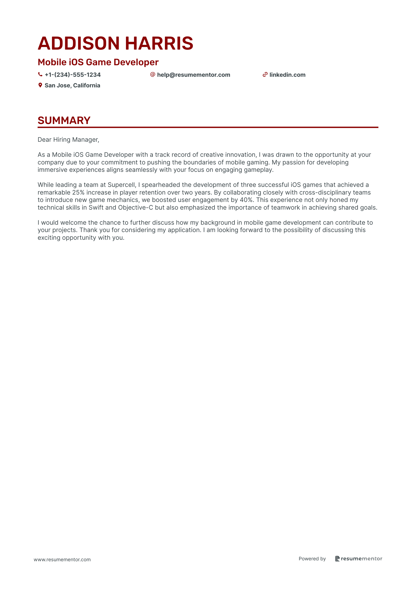 iOS Developer Cover Letter Examples by ResumeMentor.com - Professional ...