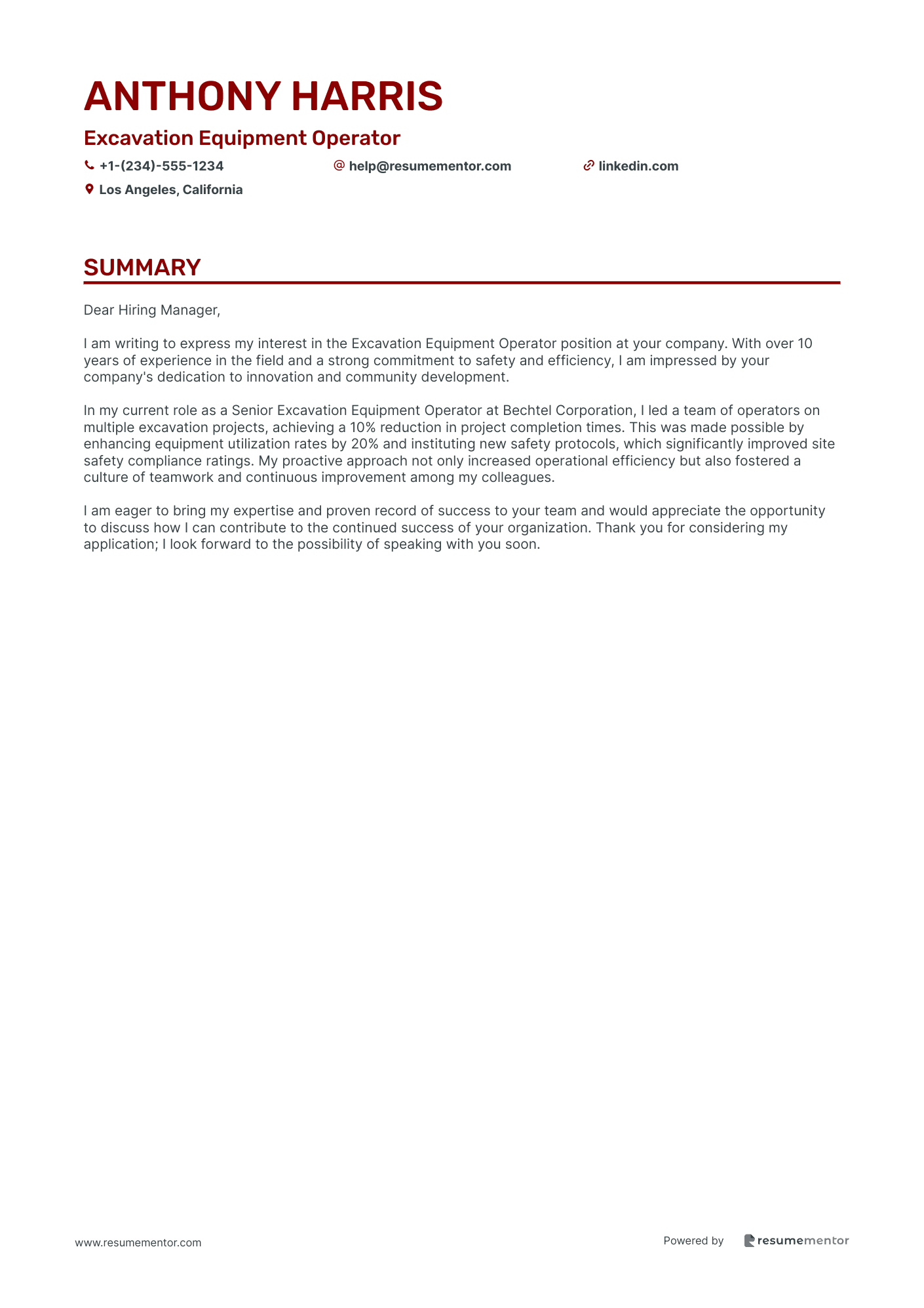 Heavy Equipment Operator Cover Letter Examples by ResumeMentor.com ...