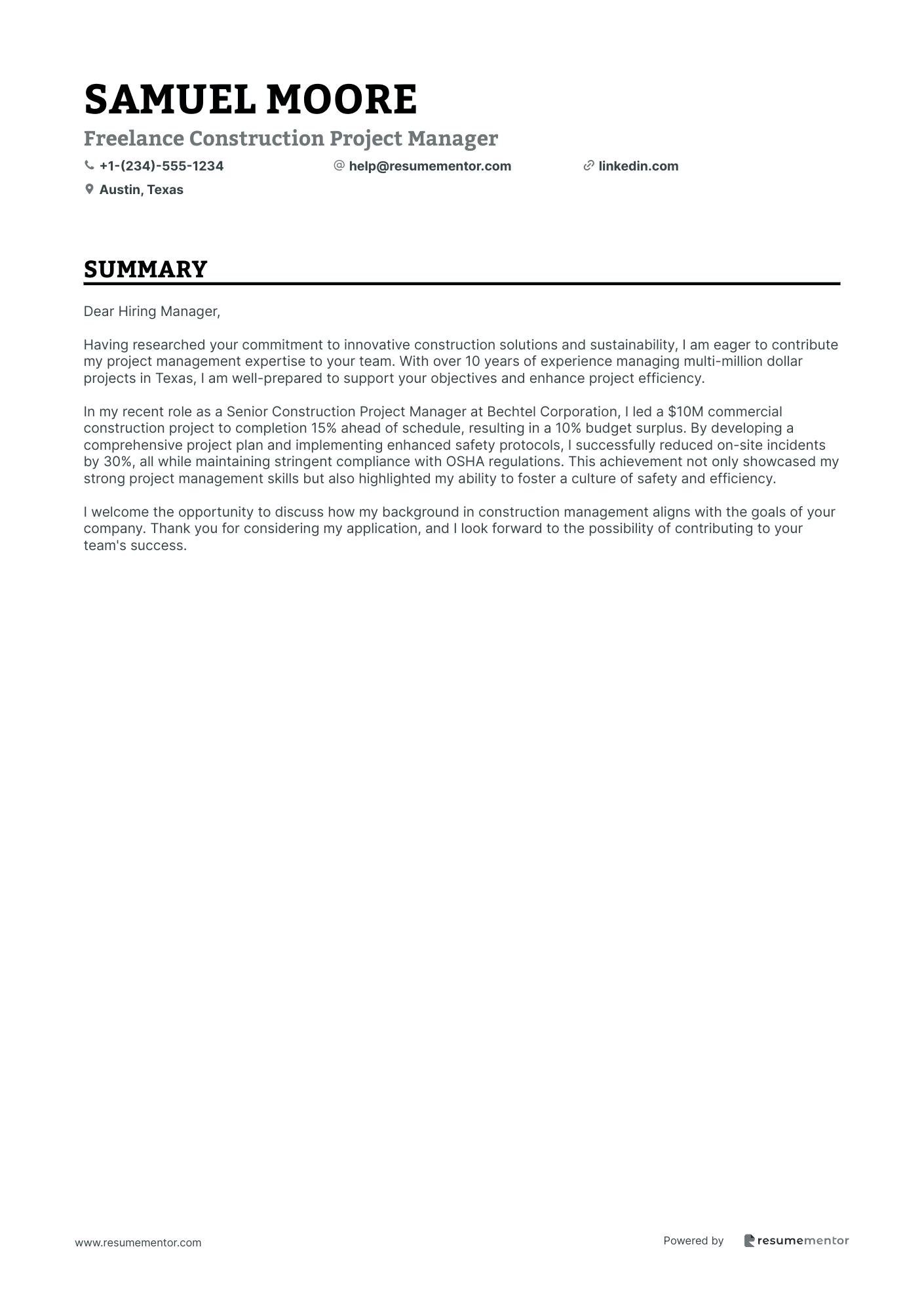 Freelance Project Manager Cover Letter Examples by ResumeMentor.com ...