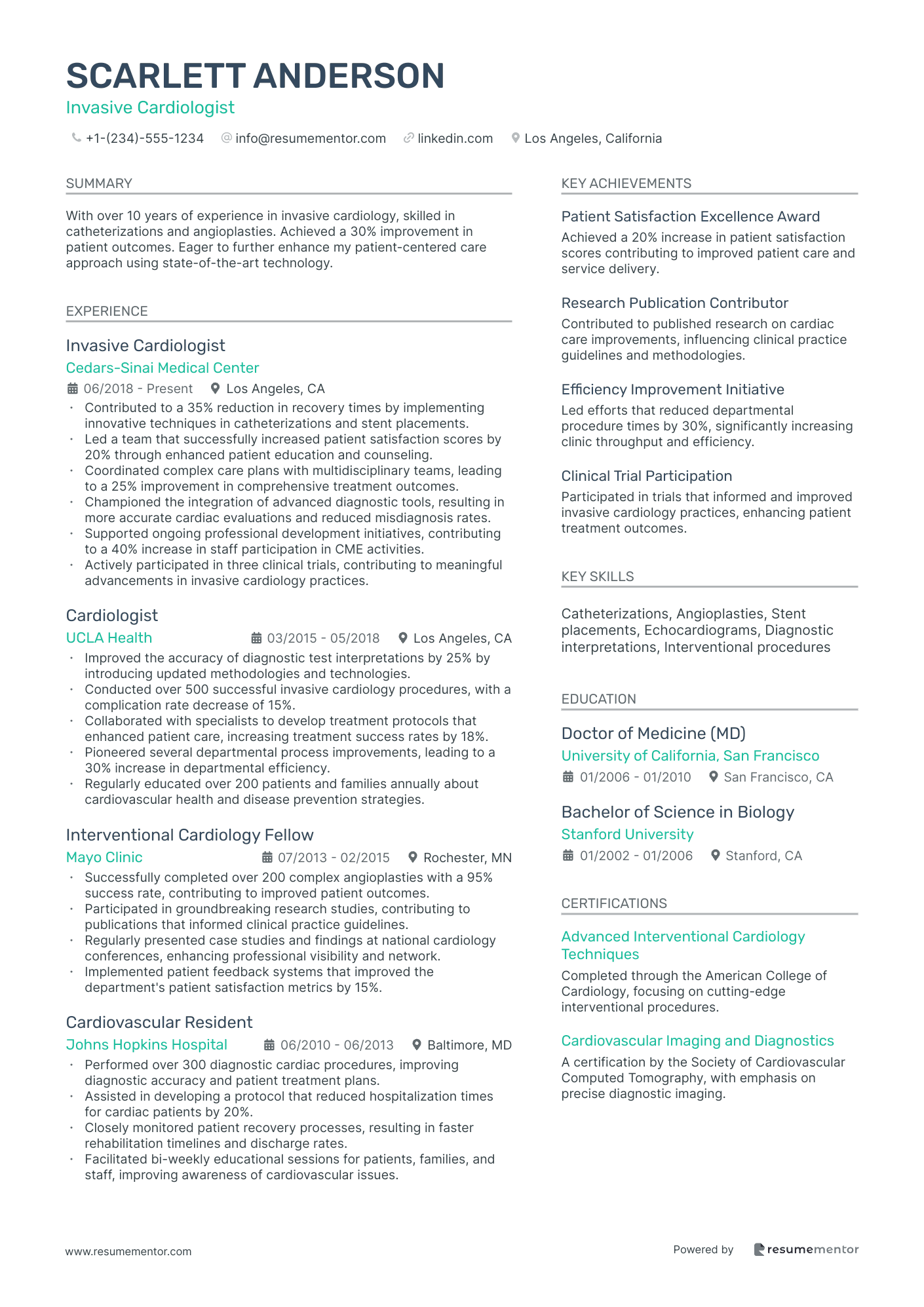 Cardiologist Resume Example - Free to Edit ATS-Friendly PDF - 2025