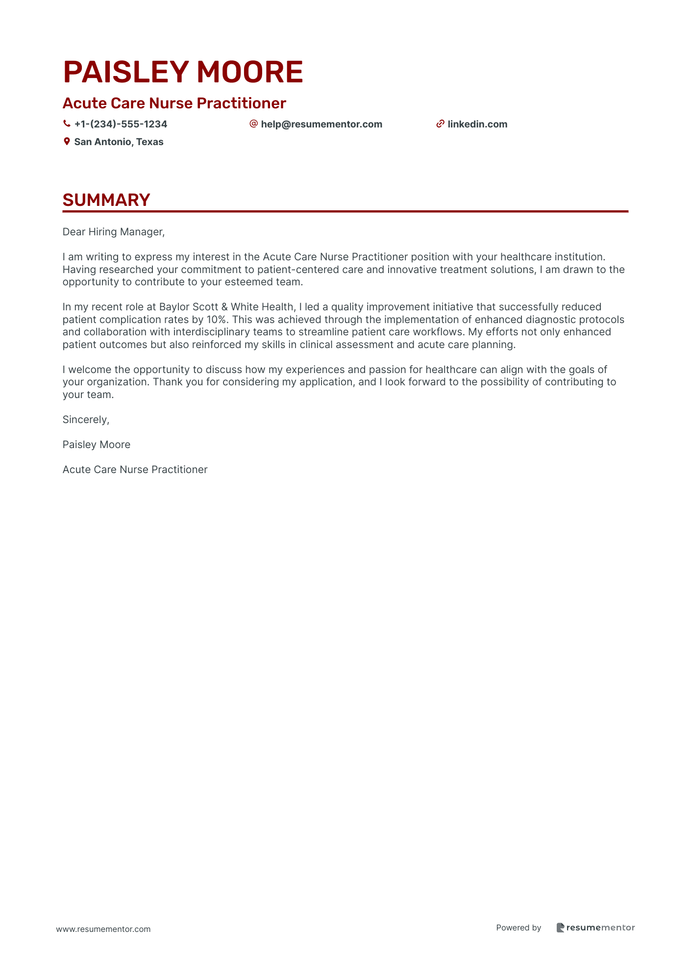 Nurse Practitioner Cover Letter Examples by ResumeMentor.com ...