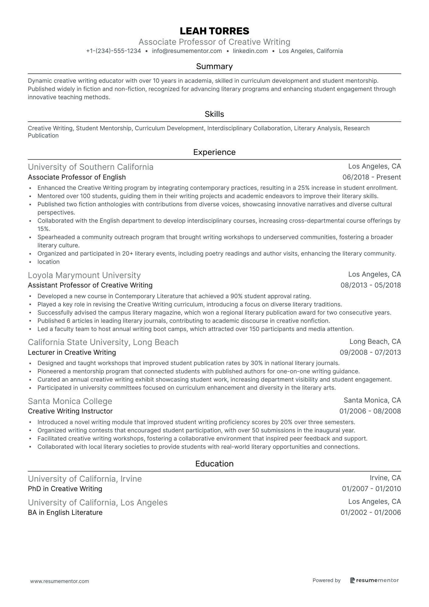 College Professor Resume Examples - Free to Edit ATS-Friendly PDF - 2025