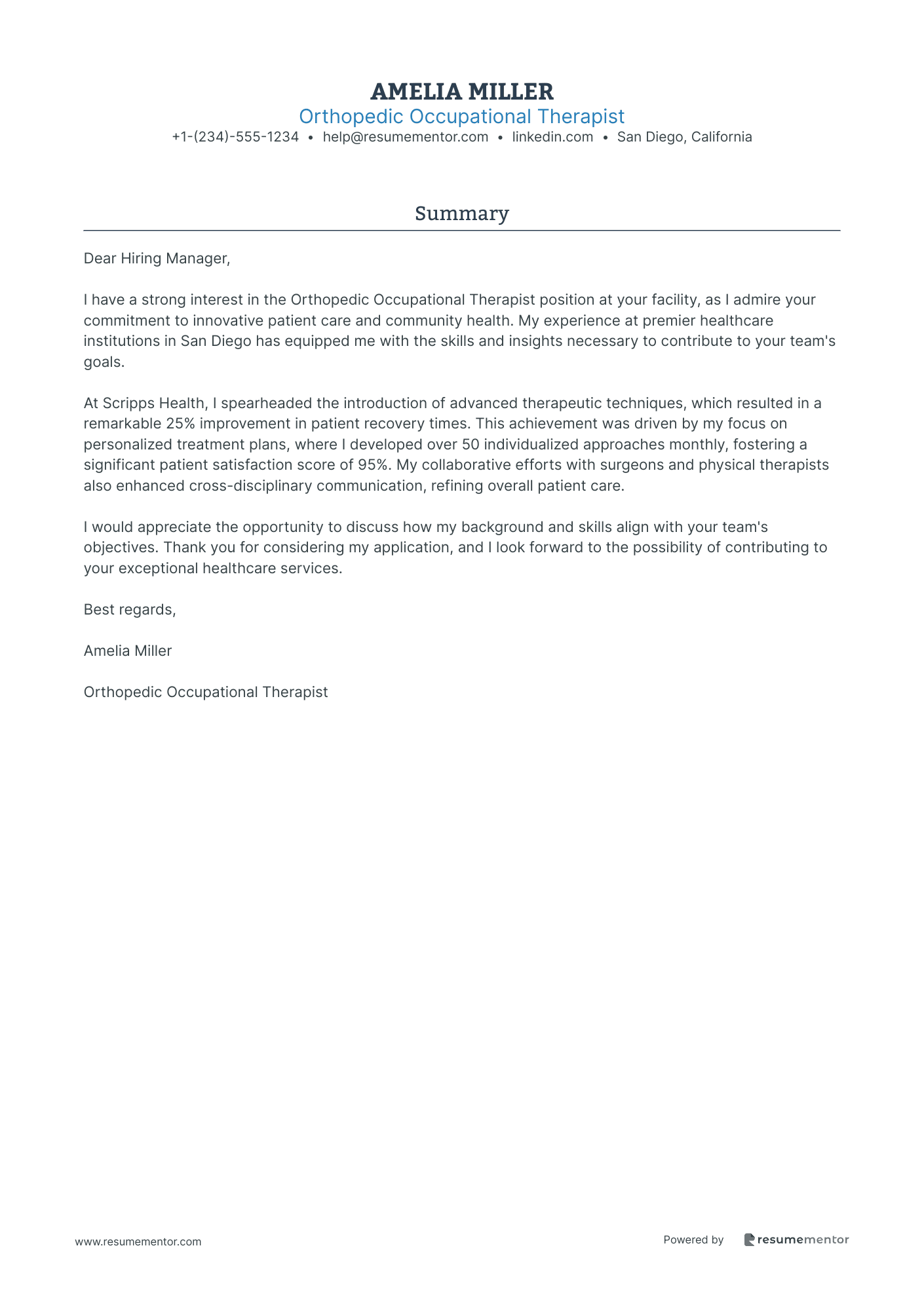 Occupational Therapist Cover Letter Examples by ResumeMentor.com ...