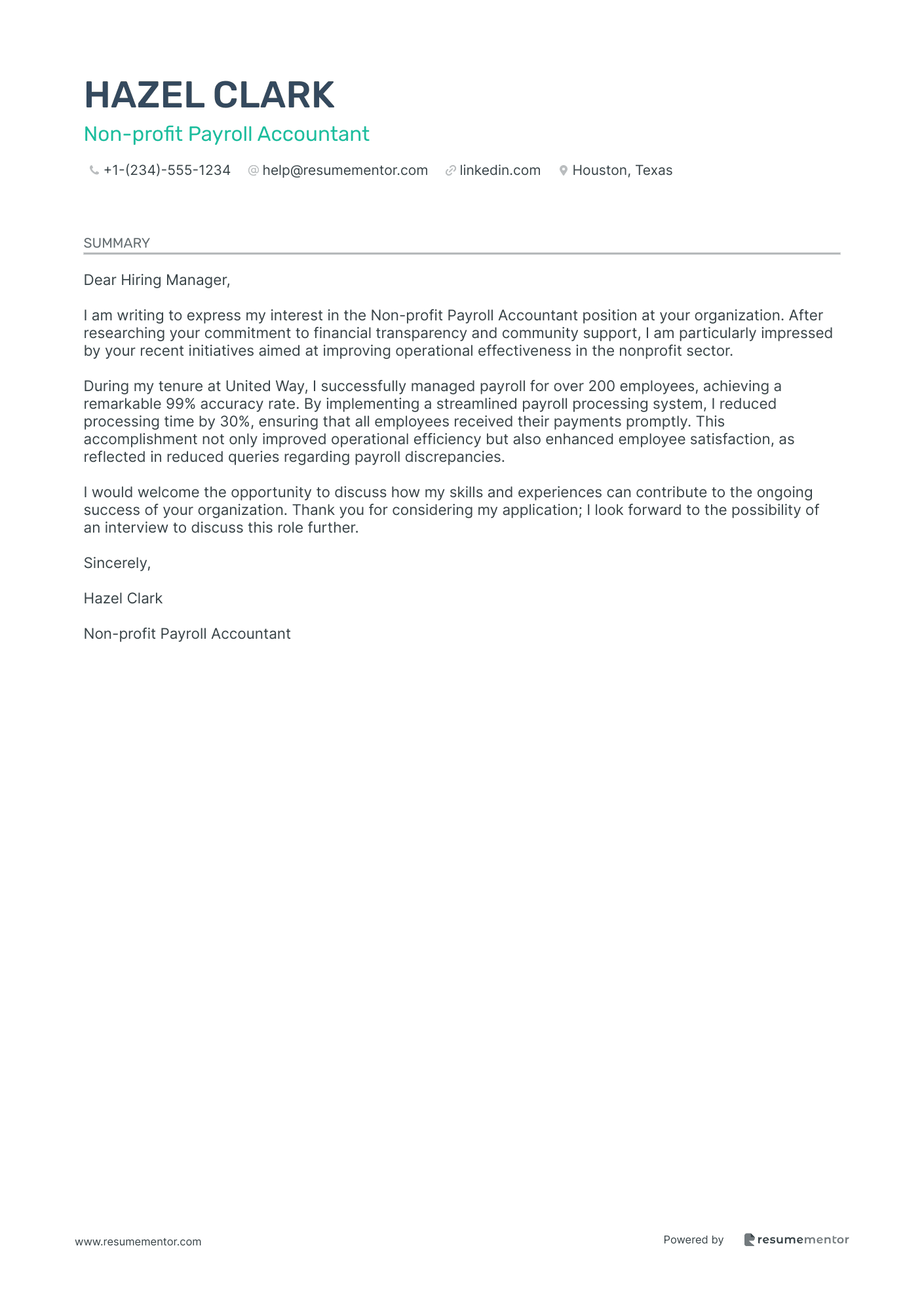 Payroll & Payment Accountant Cover Letter Examples by ResumeMentor.com ...