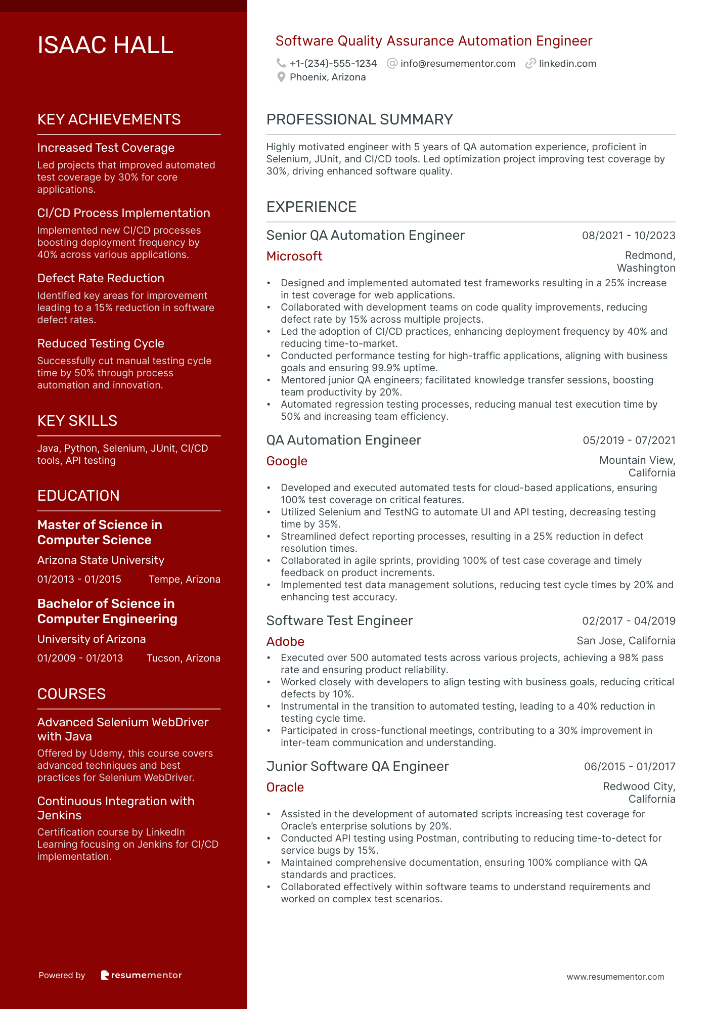 QA Automation Engineer Resume Example - Free to Edit ATS-Friendly PDF ...