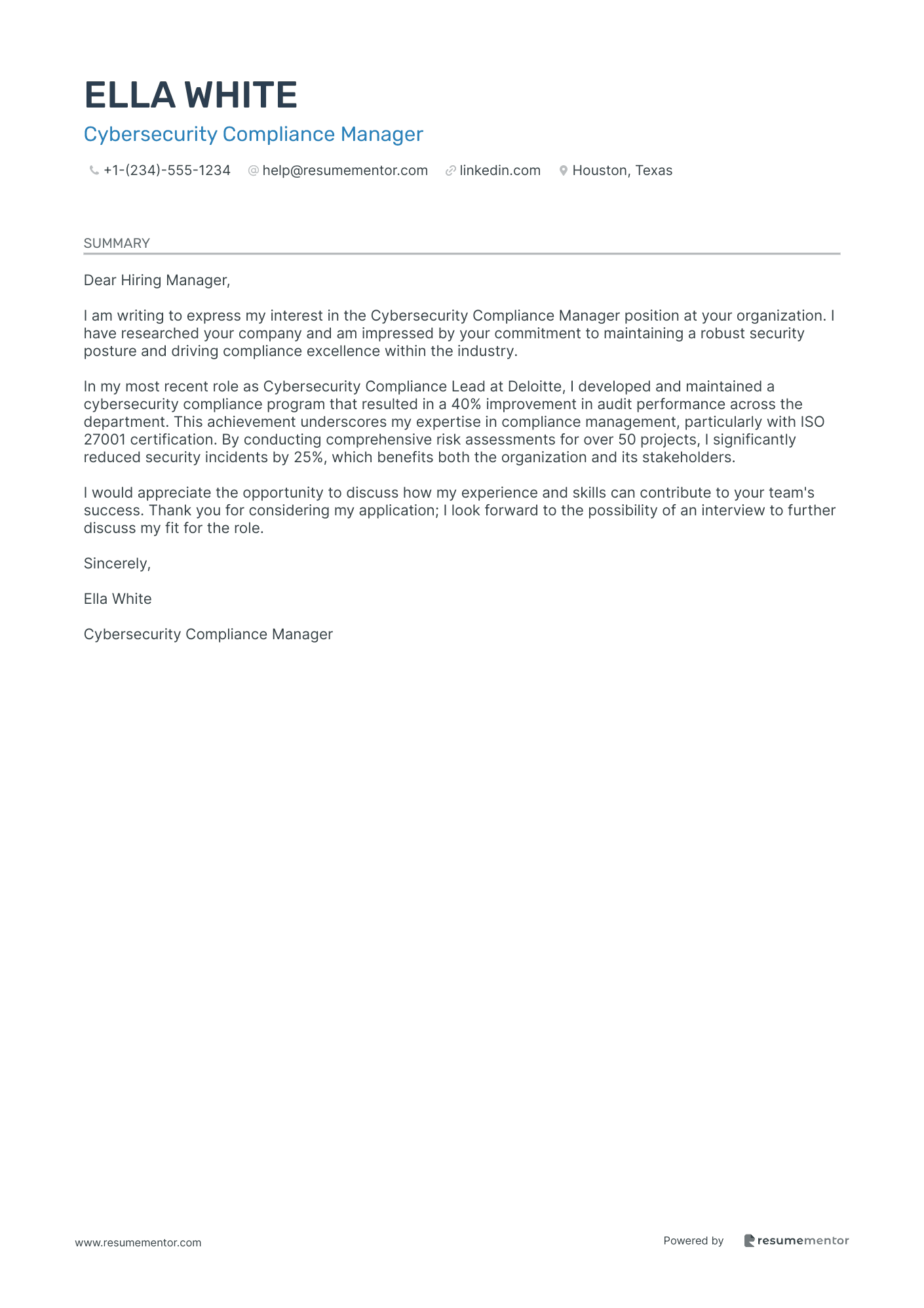 Cyber Security Cover Letter Examples by ResumeMentor.com - Professional ...