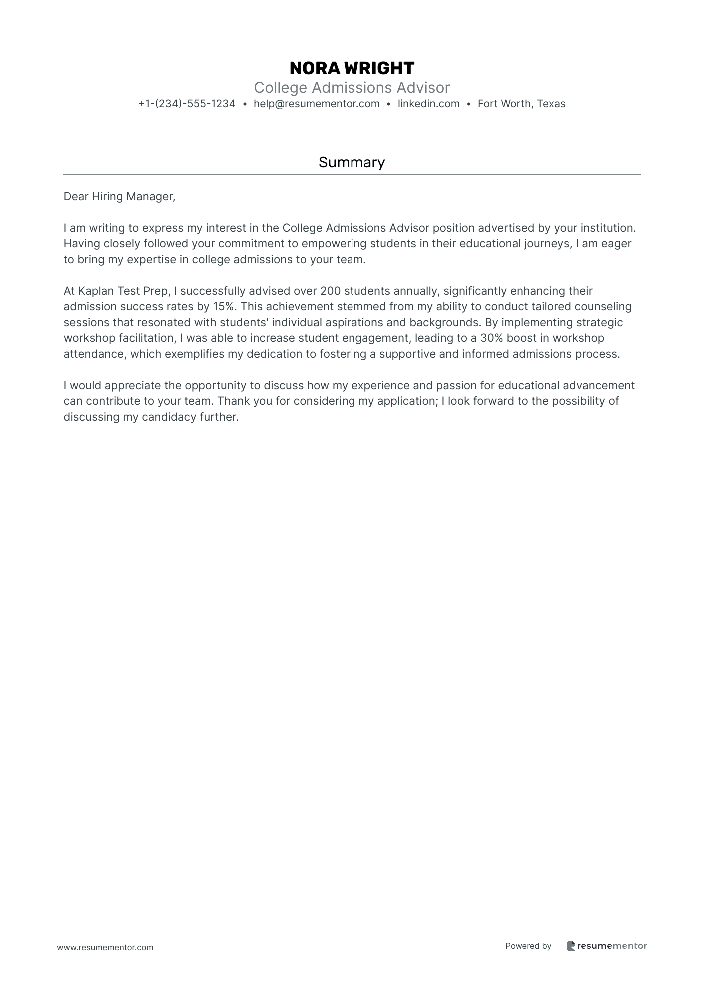 Guidance Counselor Cover Letter Examples by ResumeMentor.com ...