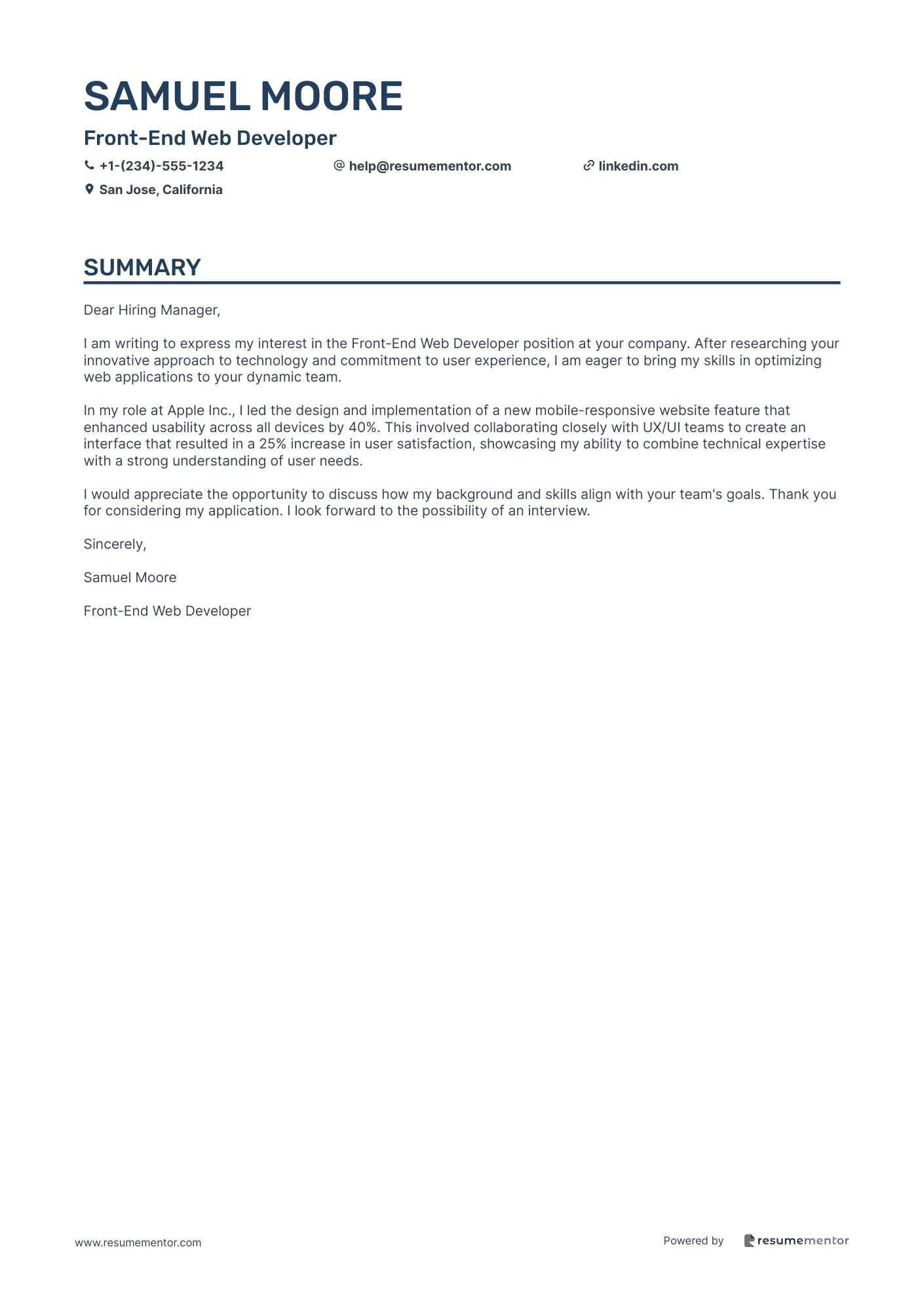 Front End Developer Cover Letter Examples by ResumeMentor.com ...