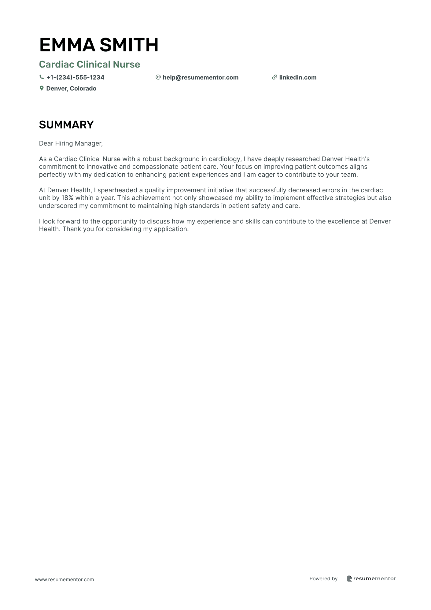 Clinical Nurse Cover Letter Examples by ResumeMentor.com - Professional ...