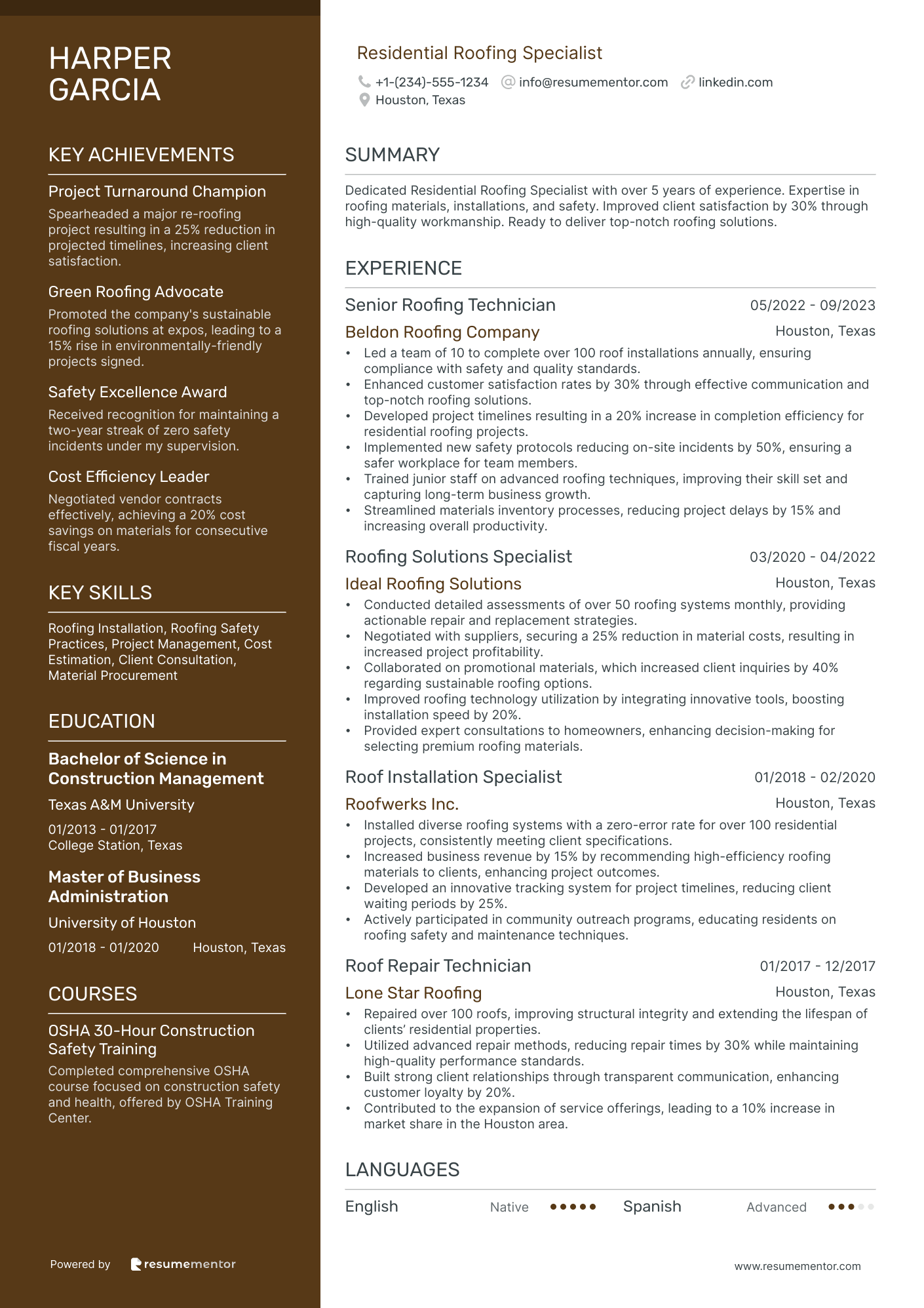 Roofing Contractor Resume Examples - Free to Edit ATS-Friendly PDF - 2025