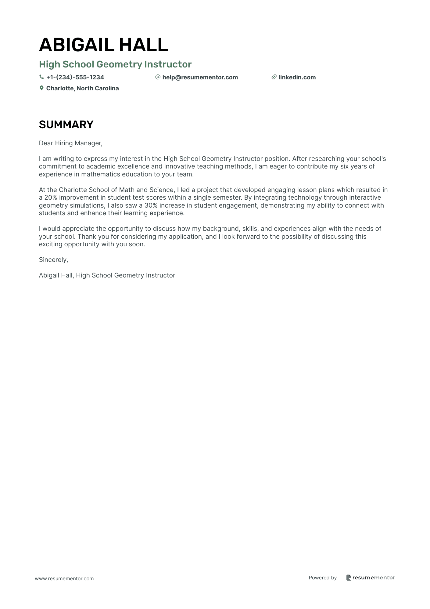 Math Teacher Cover Letter Examples by ResumeMentor.com - Professional ...