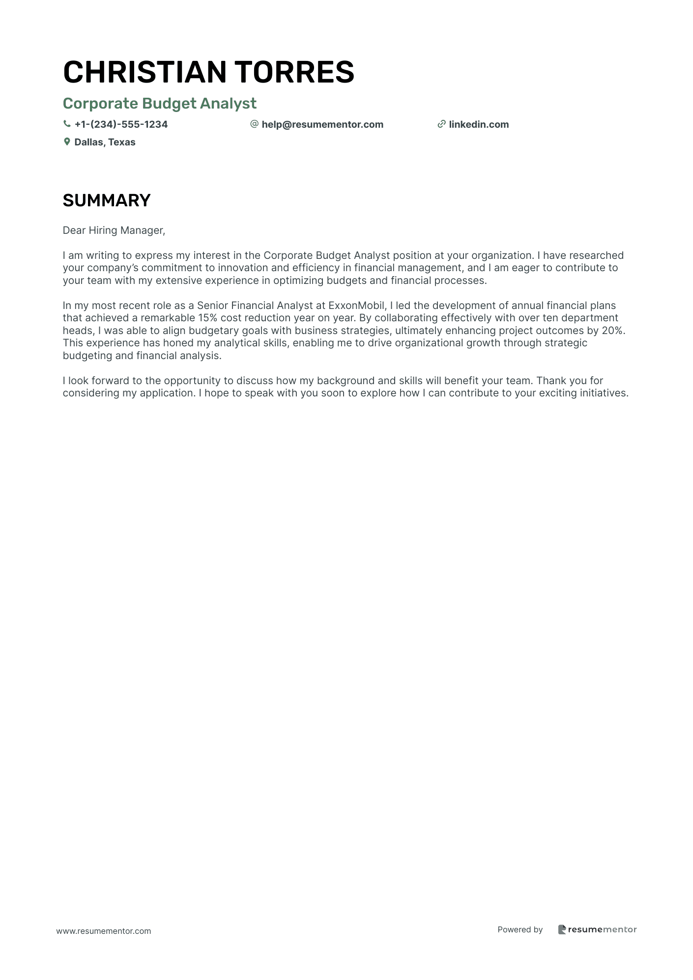 Budget Analyst Cover Letter Examples by ResumeMentor.com - Professional ...