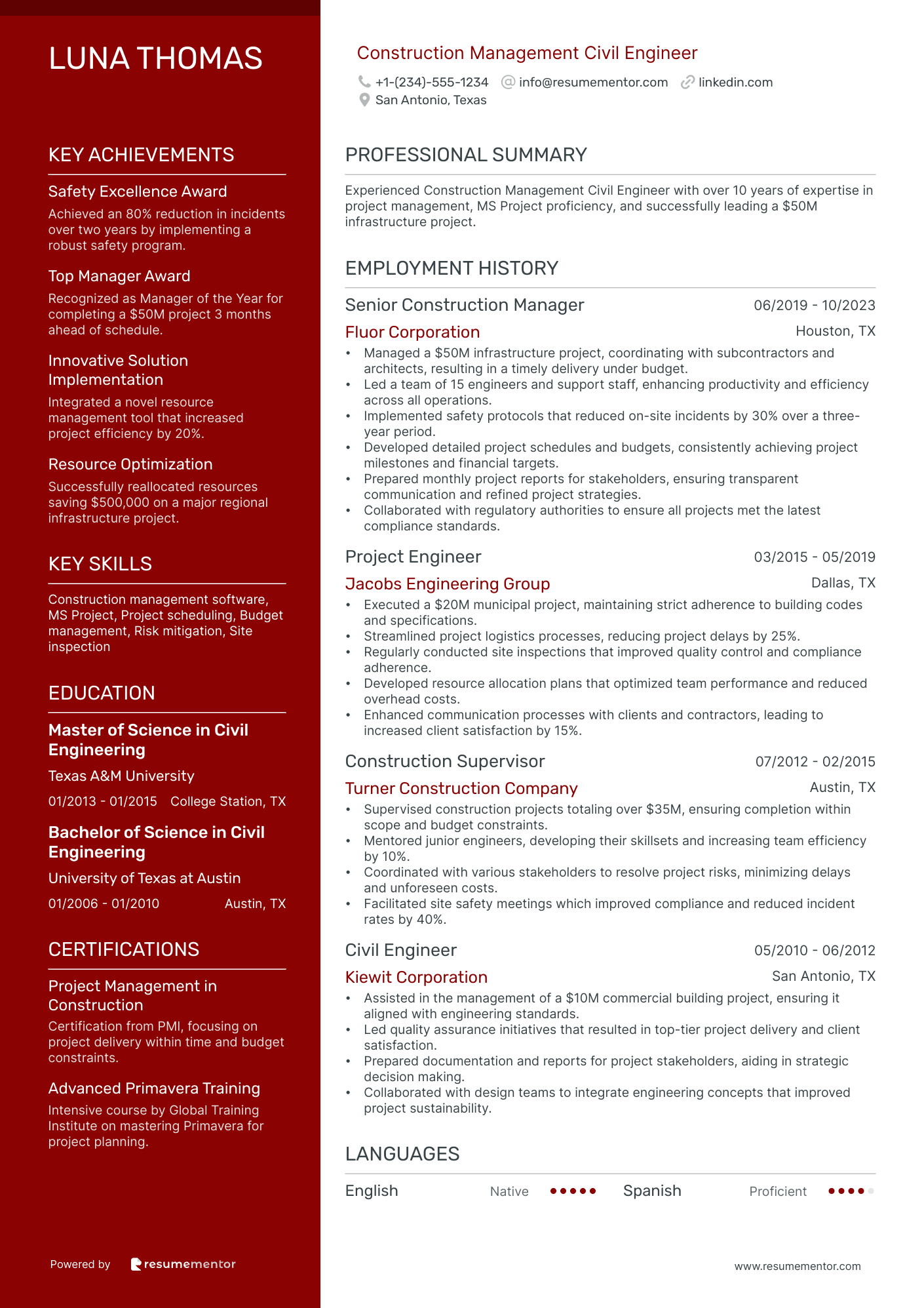 Civil Engineer Resume Example - Free to Edit ATS-Friendly PDF - 2025