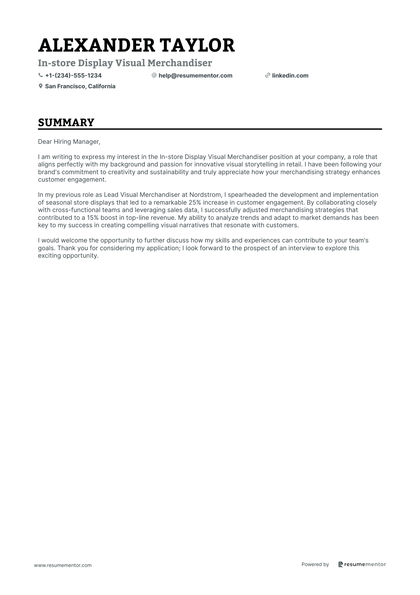 Visual Merchandiser Cover Letter Examples by ResumeMentor.com ...