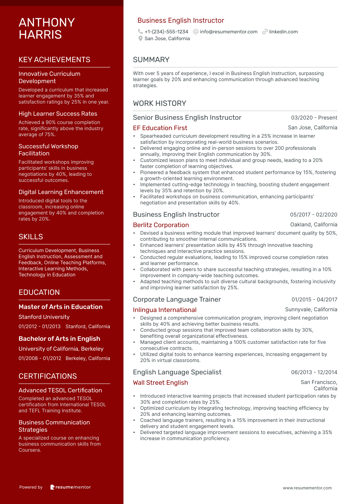 ESL Teacher Resume Examples - Free to Edit ATS-Friendly PDF - 2025