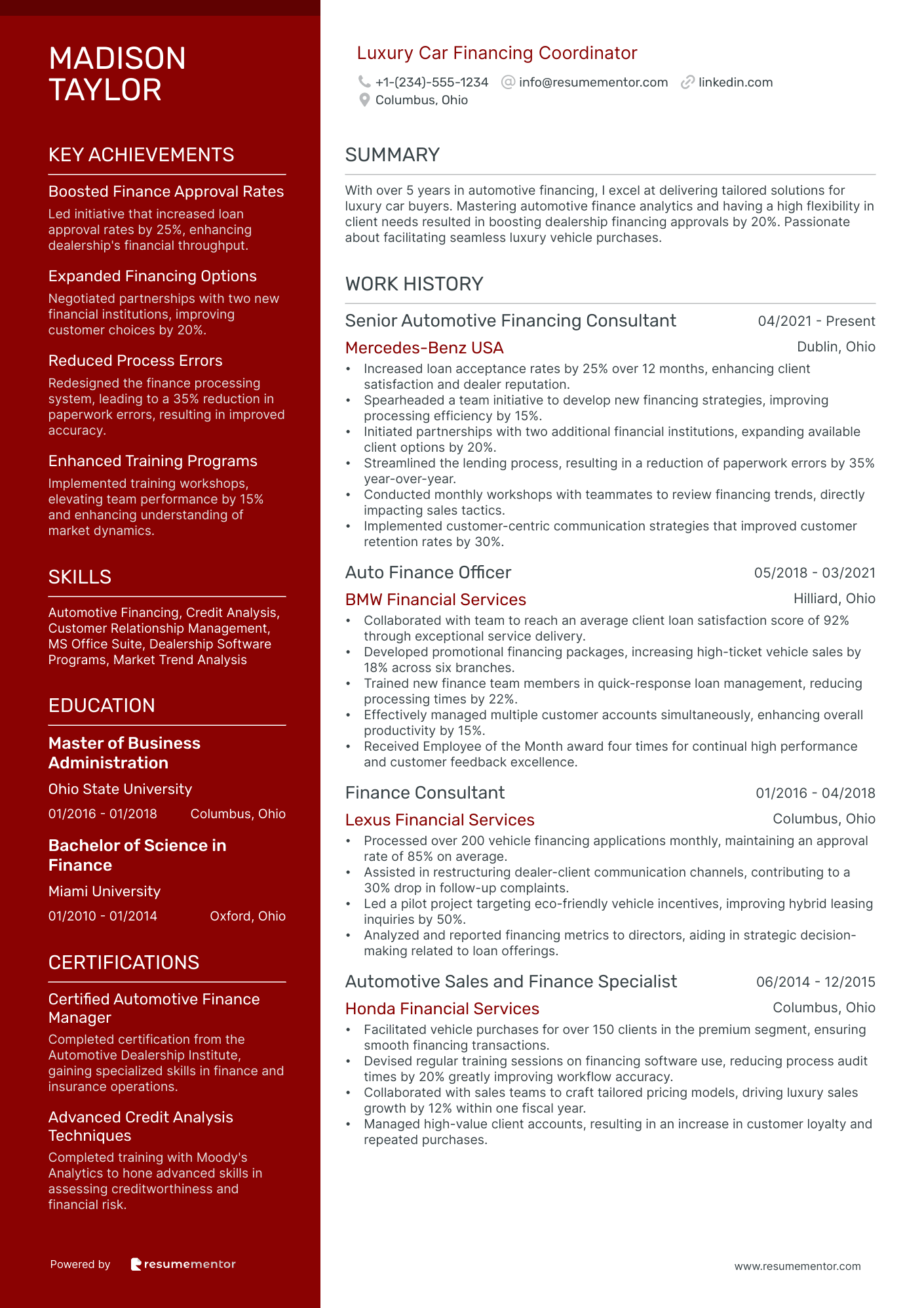 Automotive Finance Manager Resume Example - Free to Edit ATS-Friendly ...
