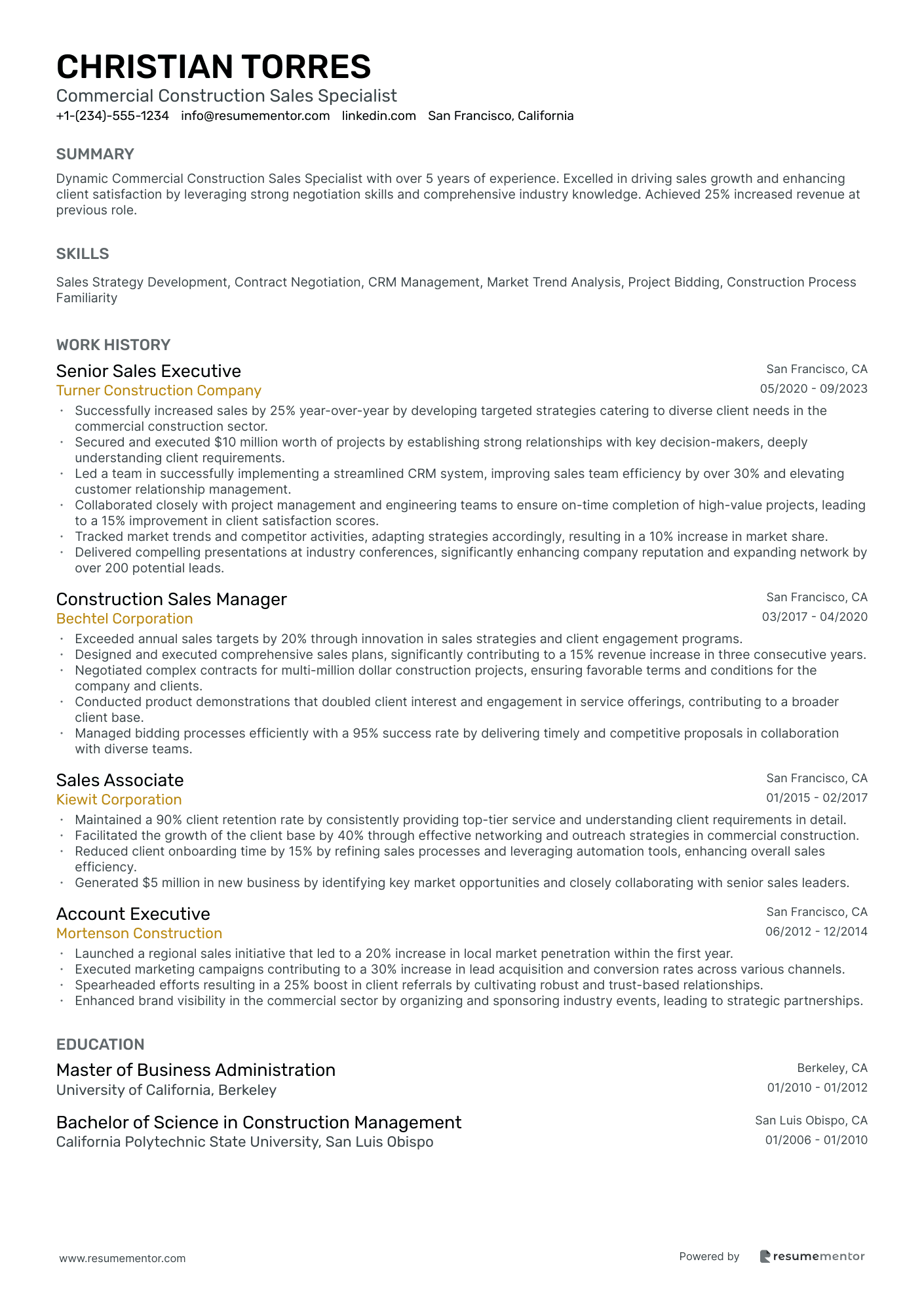 Construction Sales Resume Example - Free to Edit ATS-Friendly PDF - 2025