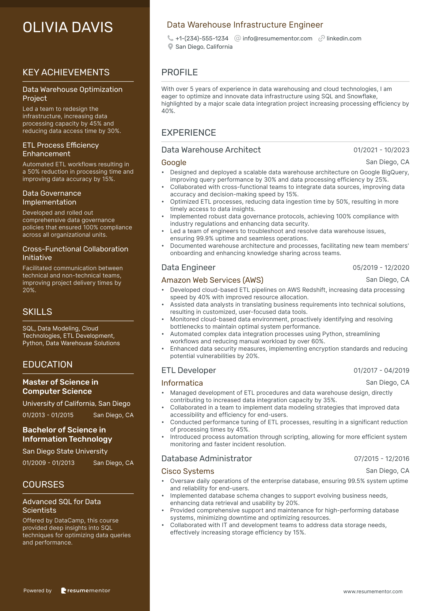 Data Warehouse Engineer Resume Example - Free to Edit ATS-Friendly PDF ...
