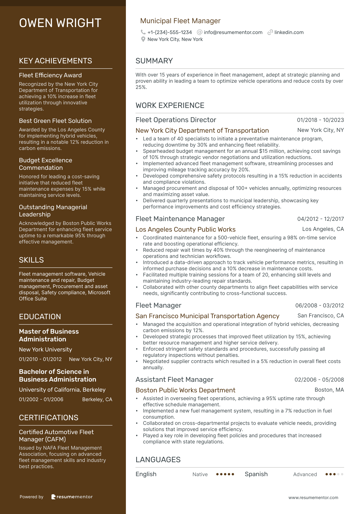 Fleet Manager Resume Examples - Free to Edit ATS-Friendly PDF - 2025