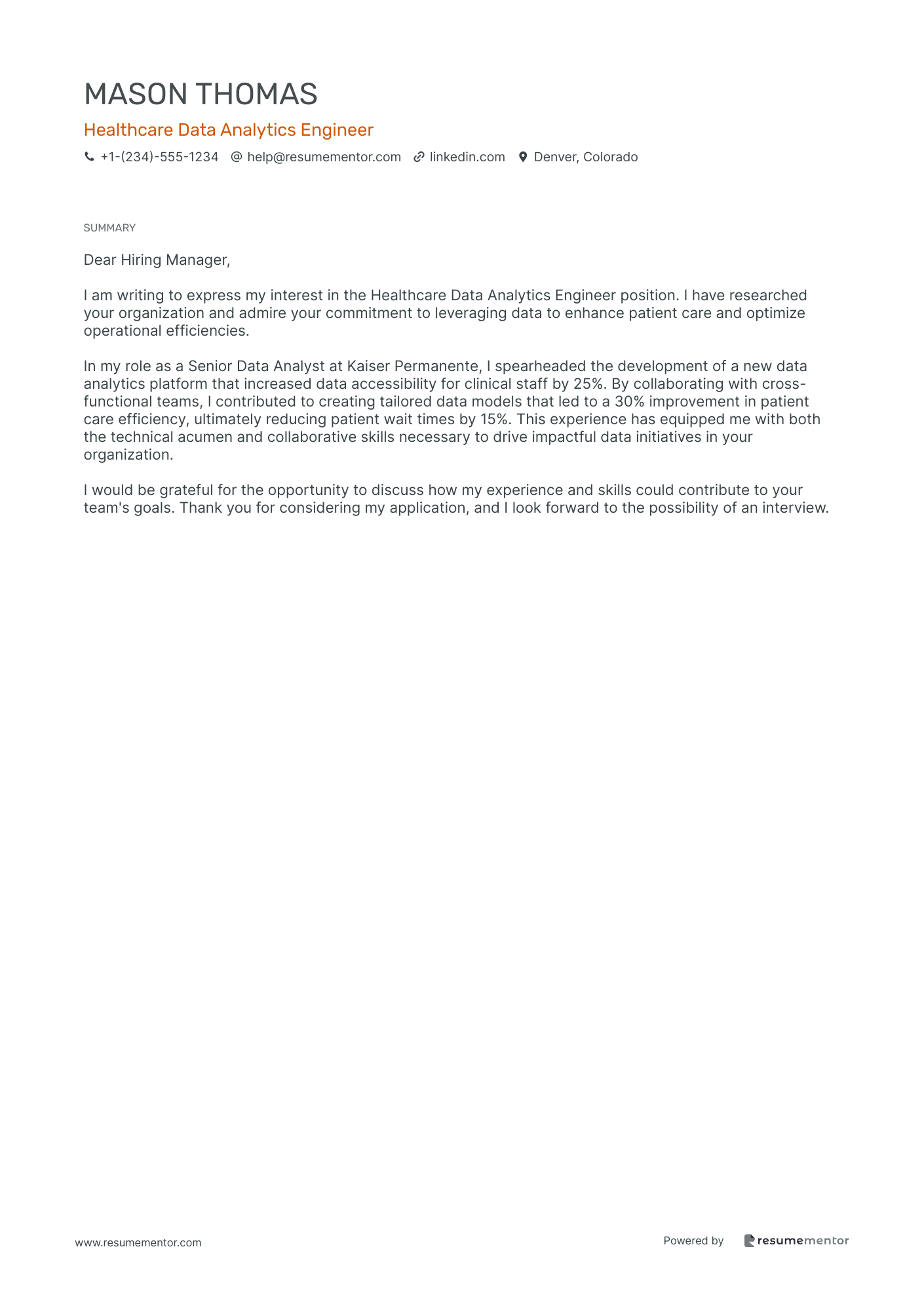 Analytics Engineer Cover Letter Examples by ResumeMentor.com ...