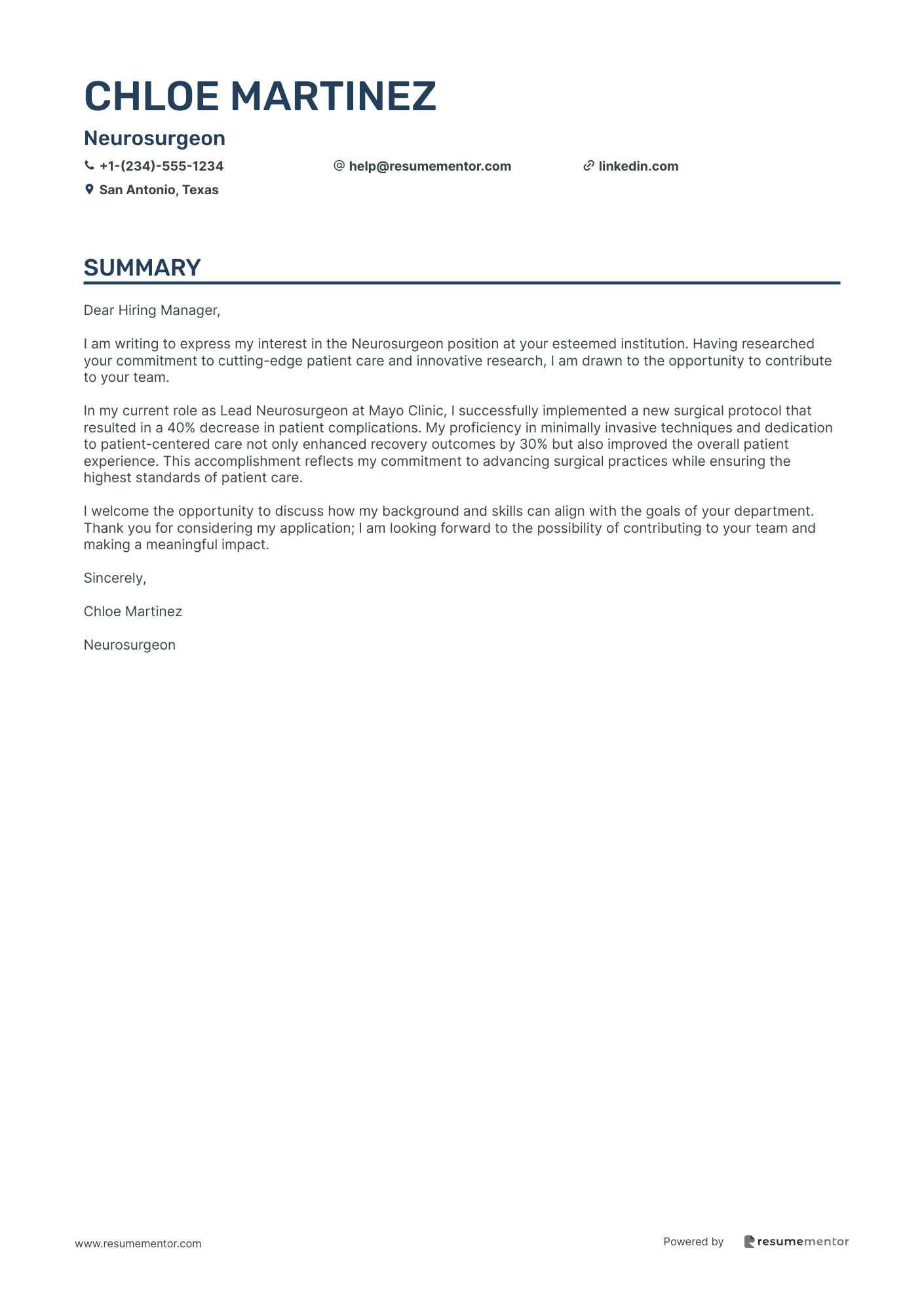 Surgeon Cover Letter Examples by ResumeMentor.com - Professional Cover ...