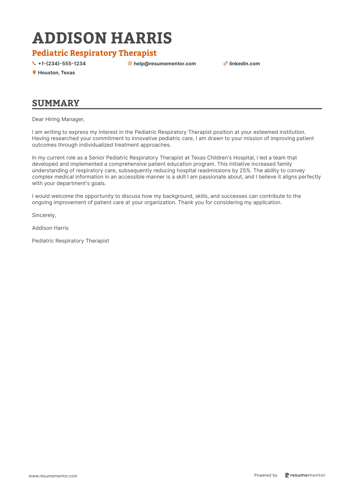 Respiratory Therapist Cover Letter Examples by ResumeMentor.com ...
