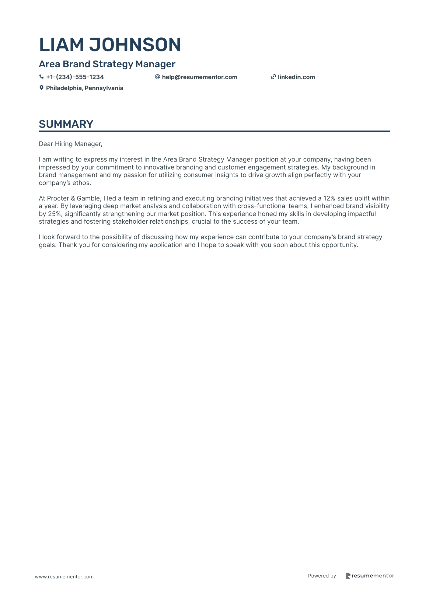 Area Marketing Manager Cover Letter Examples by ResumeMentor.com ...