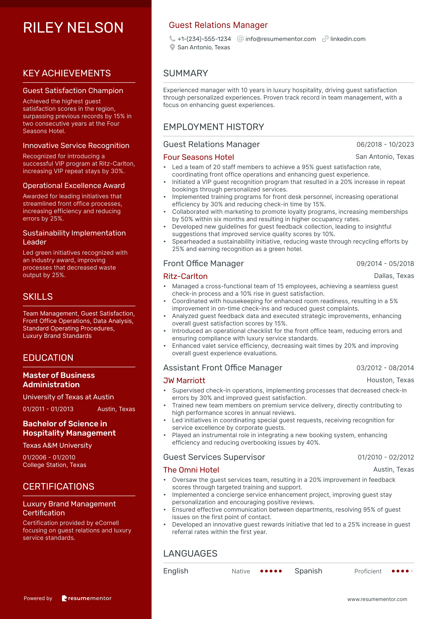 30 Hospitality Resume Examples - Free to Edit ATS-Friendly PDF - 2025