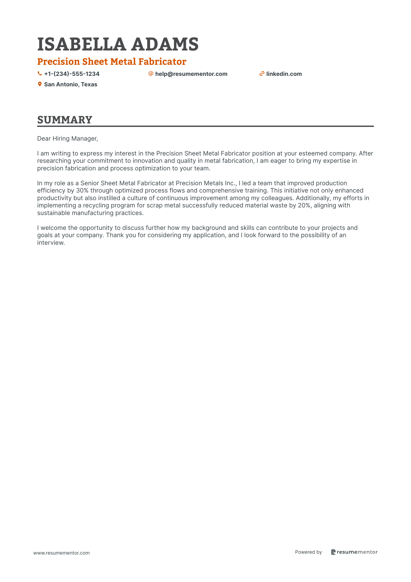 Sheet Metal Worker Cover Letter Examples by ResumeMentor.com ...