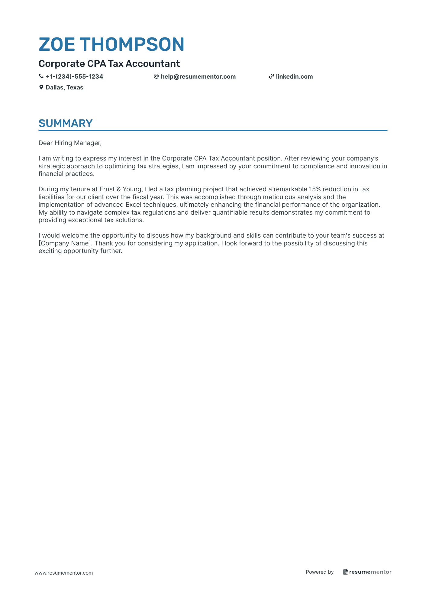 CPA Tax Accountant Cover Letter Examples by ResumeMentor.com ...