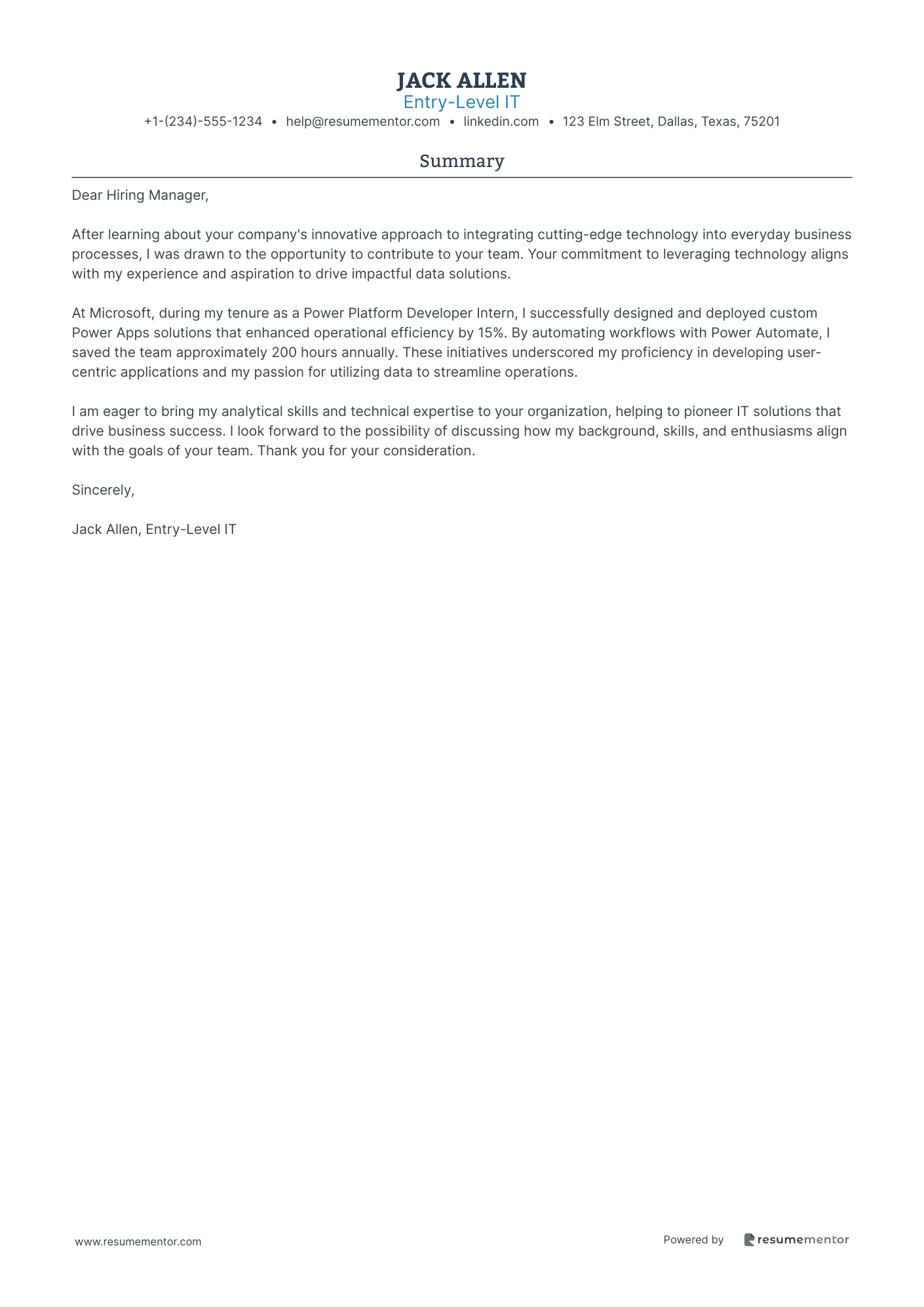 Entry Level Cover Letter Examples by ResumeMentor.com - Professional ...