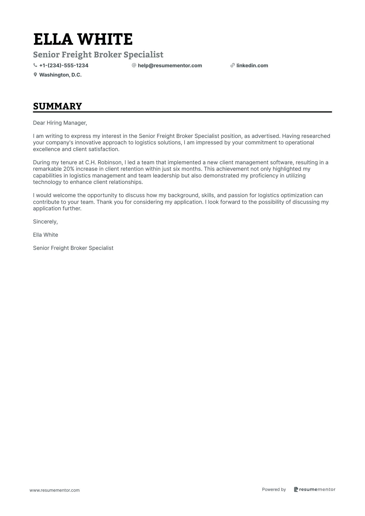 Freight Broker Cover Letter Examples by ResumeMentor.com - Professional ...