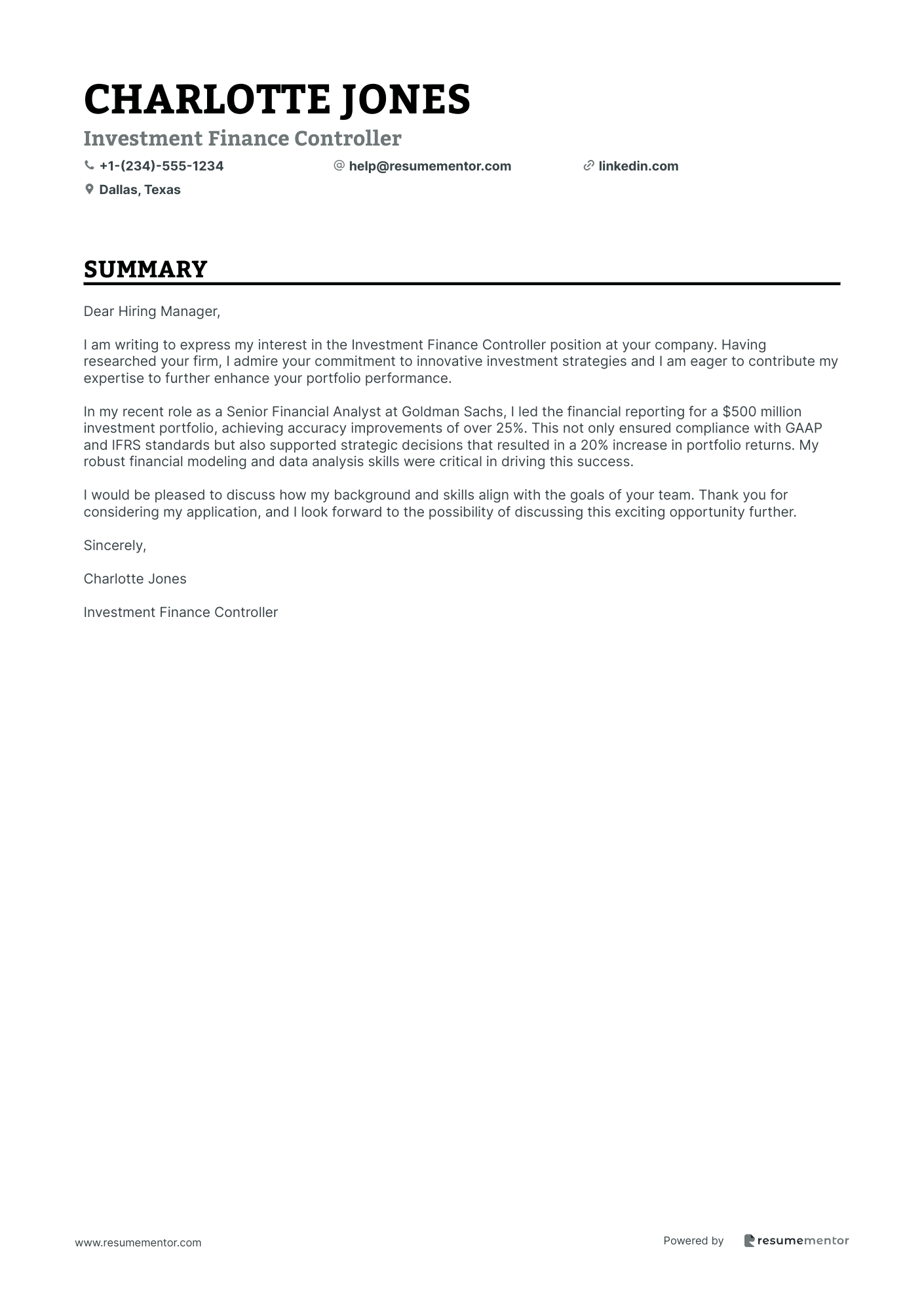 Finance Controller Cover Letter Examples by ResumeMentor.com ...