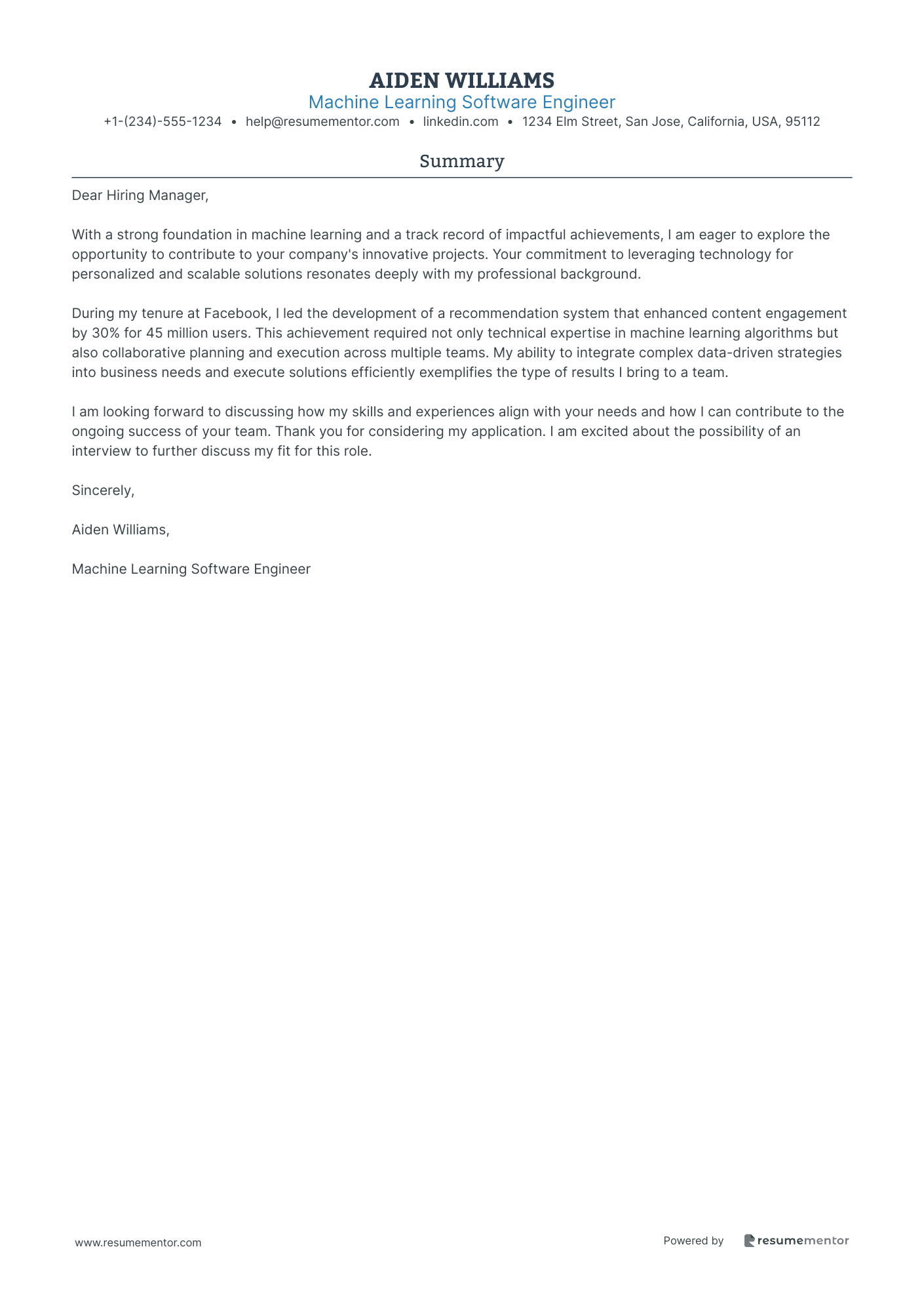 Machine Learning Cover Letter Examples by ResumeMentor.com ...