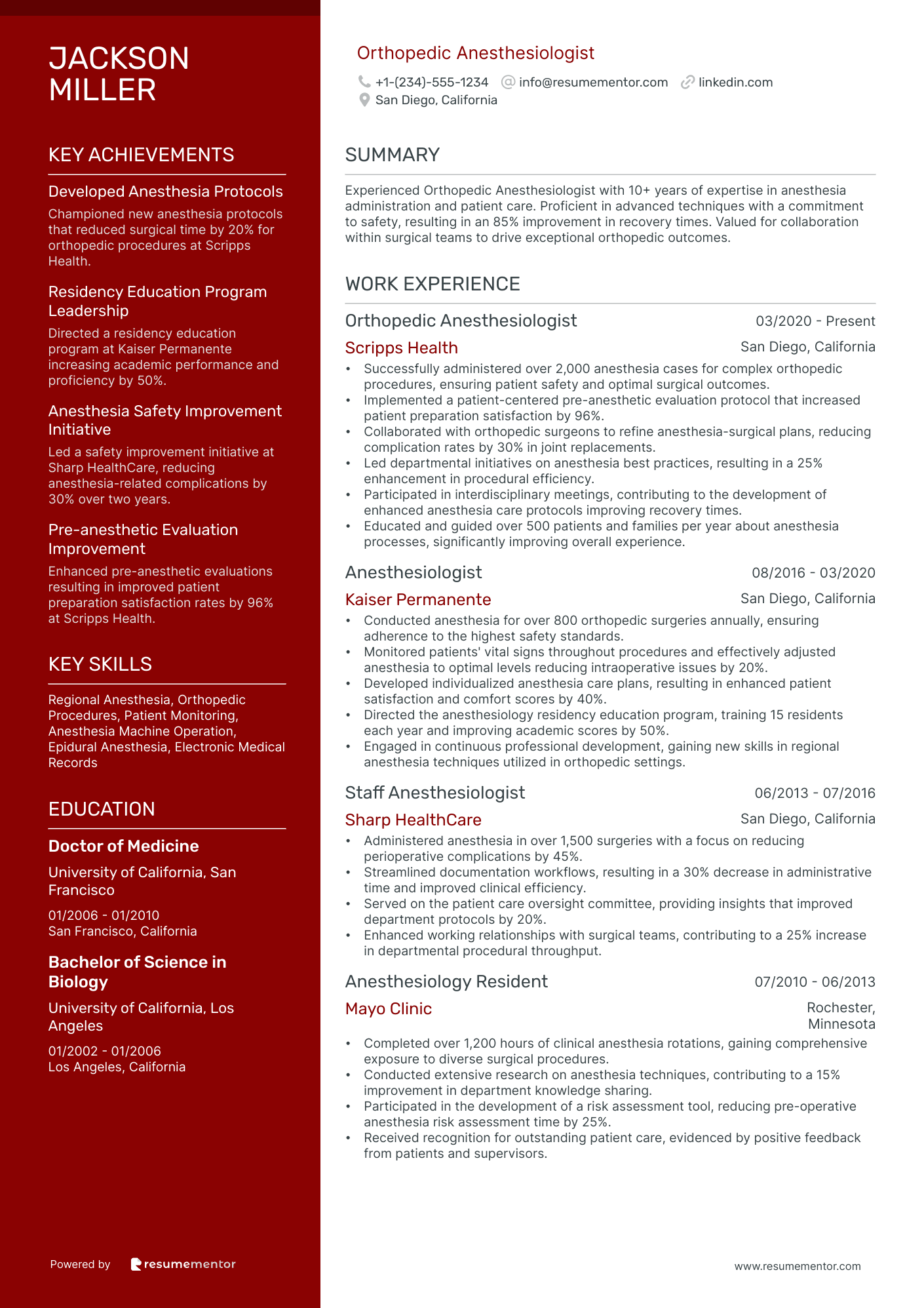 Anesthesiologist Resume Example - Free to Edit ATS-Friendly PDF - 2025