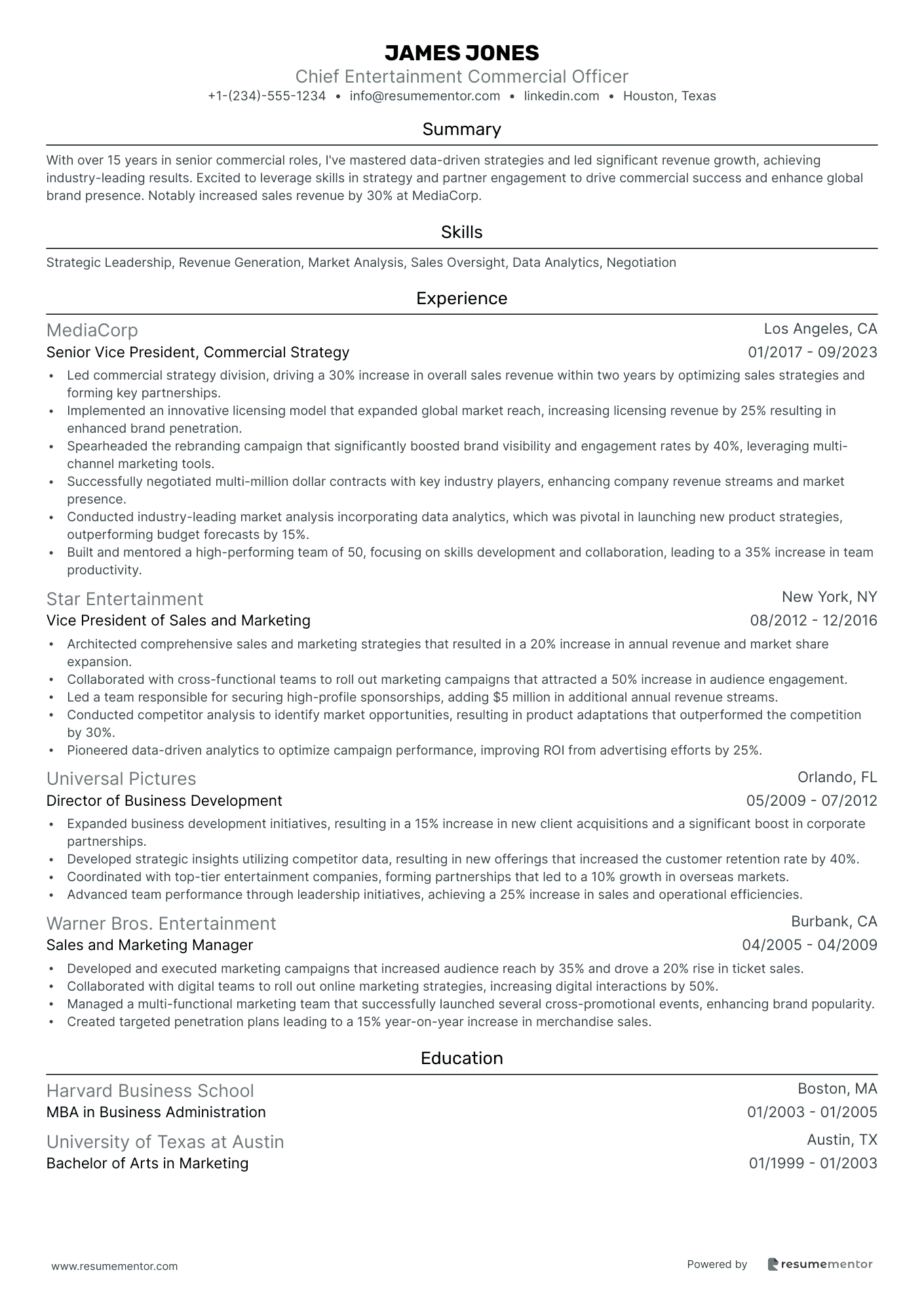 Chief Commercial Officer (CCO) Resume Example - Free to Edit ATS ...