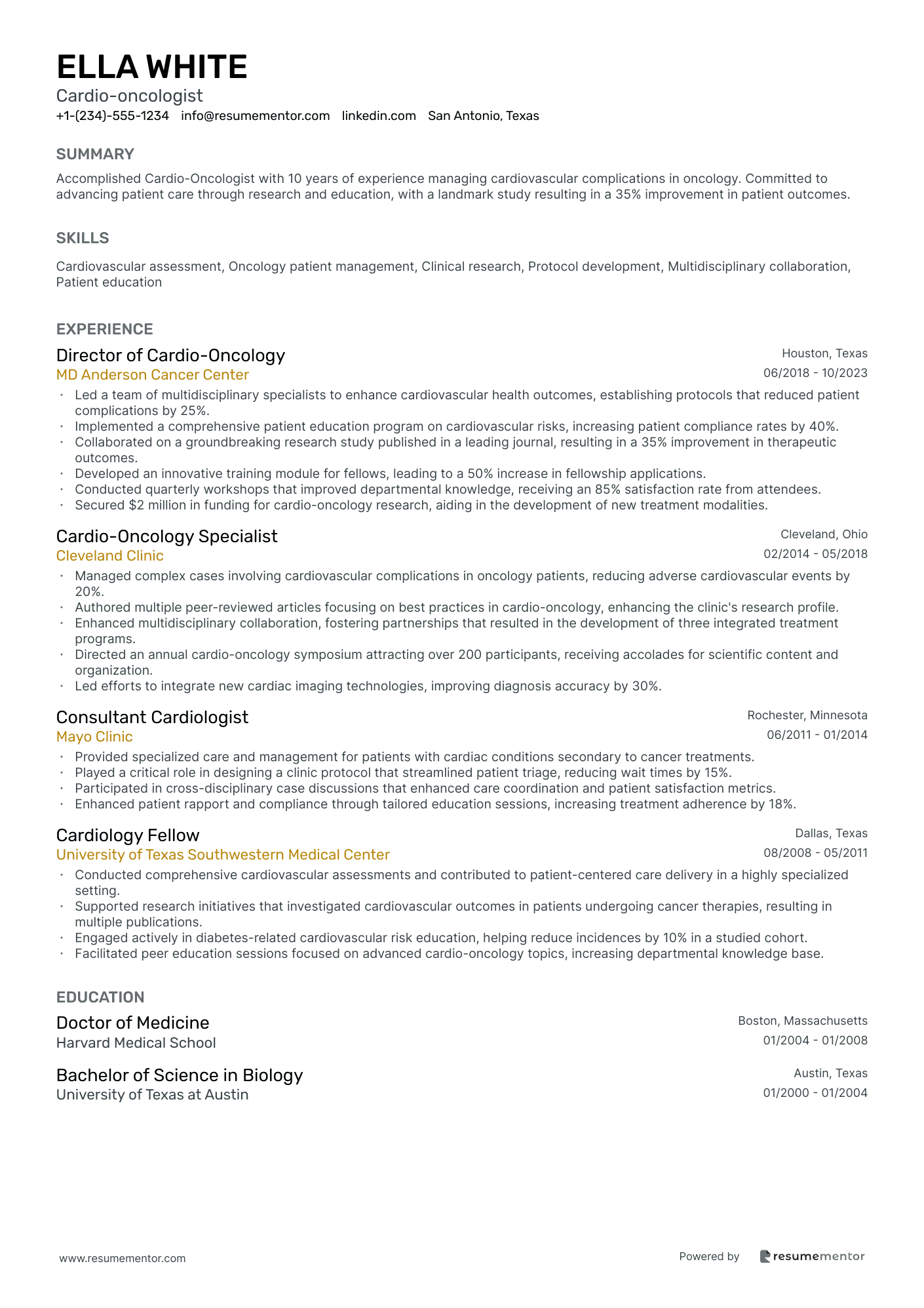 Cardiologist Resume Example - Free to Edit ATS-Friendly PDF - 2025
