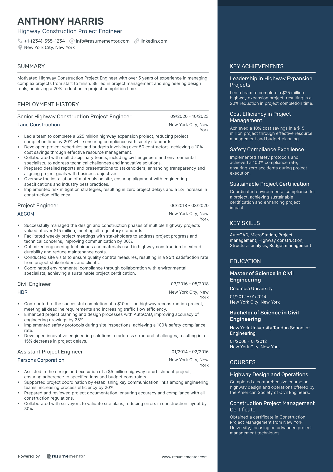 Construction Project Engineer Resume Example - Free to Edit ATS ...