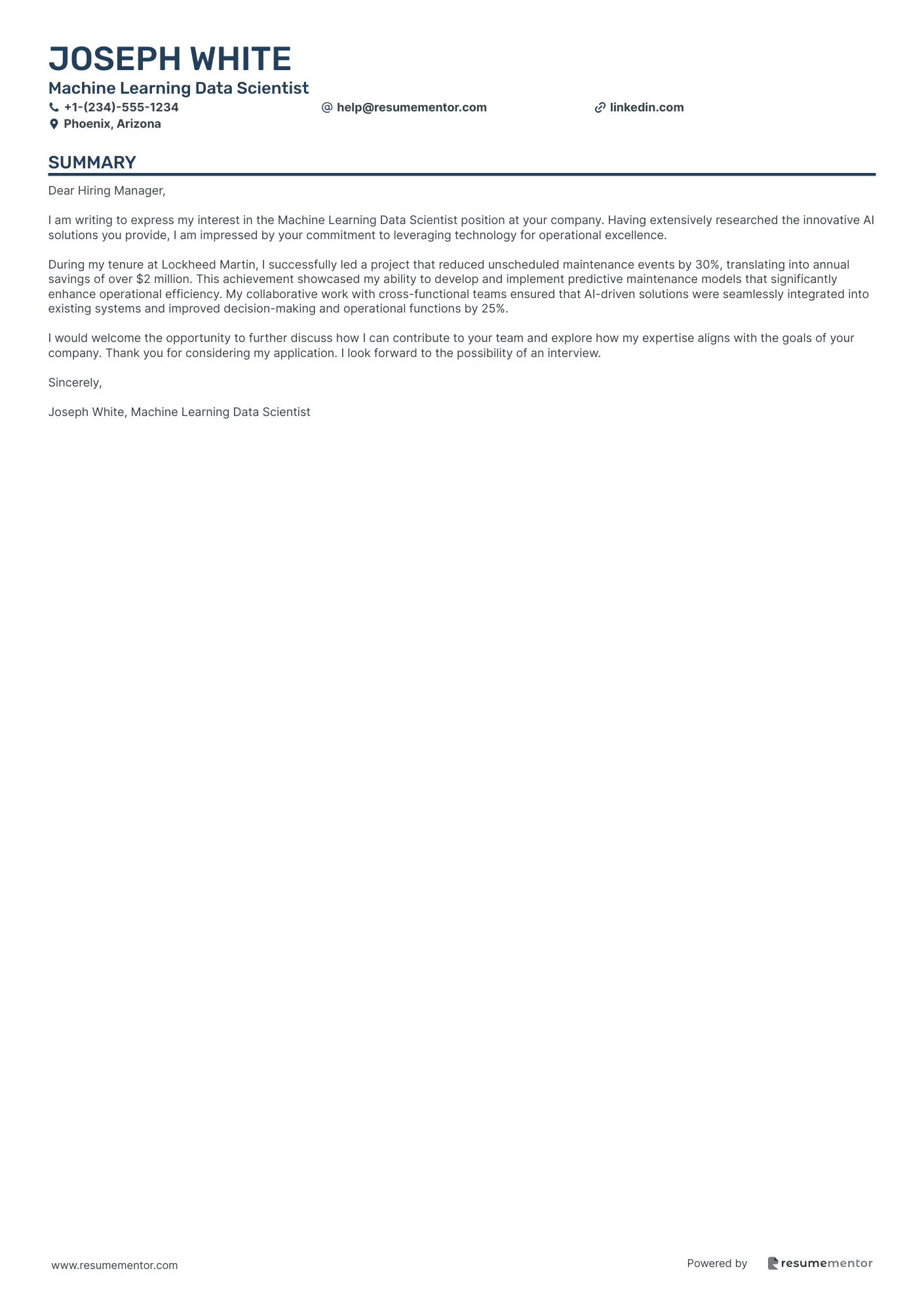 Machine Learning Cover Letter Examples by ResumeMentor.com ...