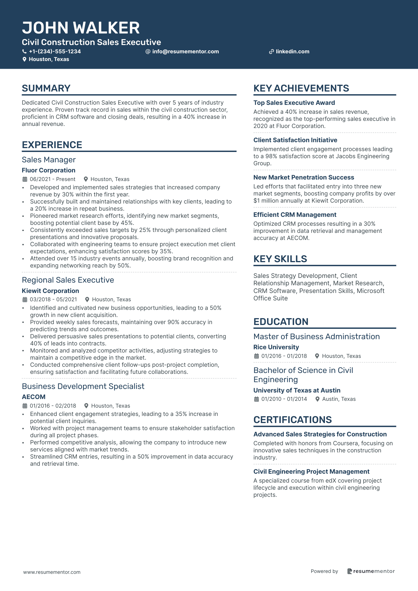 Construction Sales Resume Example - Free to Edit ATS-Friendly PDF - 2025
