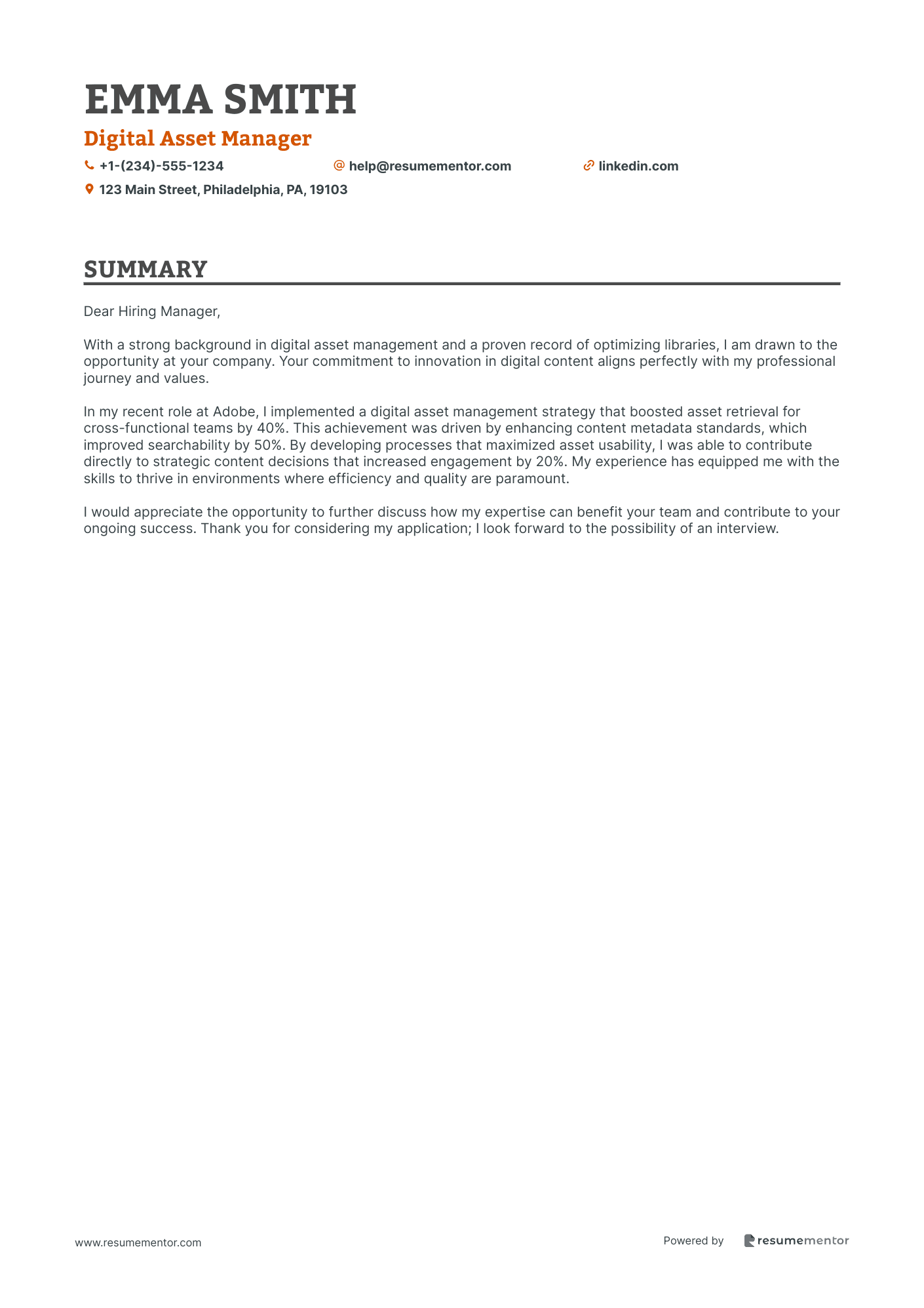 Asset Manager Cover Letter Examples by ResumeMentor.com - Professional ...